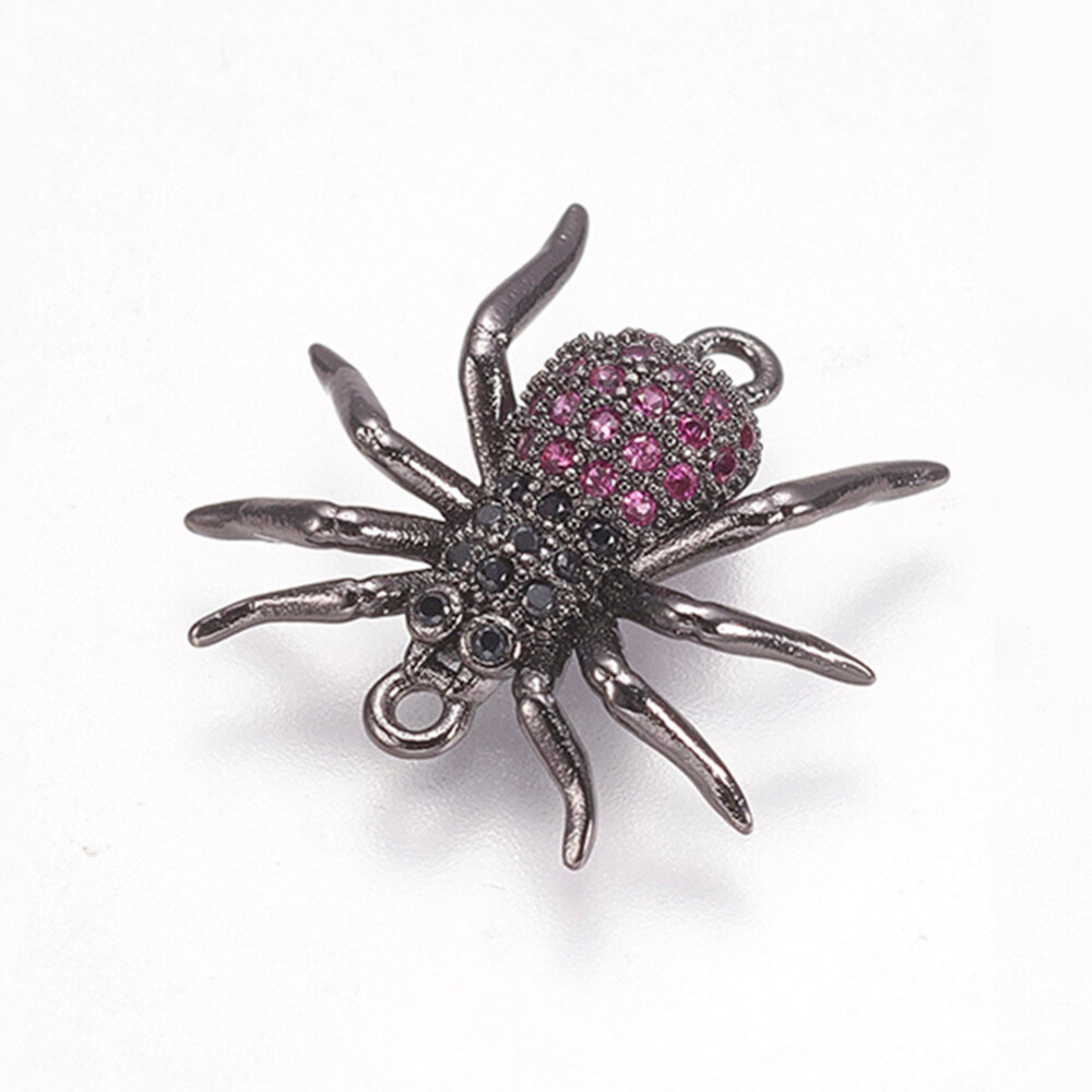Коннектор 17.5х17х4мм, Milano, насекомое, Паук, с черными и малиновыми фианитами, базовый материал - латунь, вороненая сталь, 1 шт.