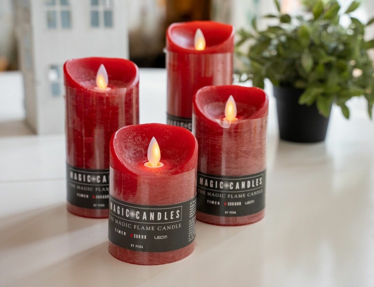 Свеча восковая мерцающая, красная, тёплый белый LED-огонь колышущийся, 7.5х15 см, батарейки, Peha Magic MB-20121