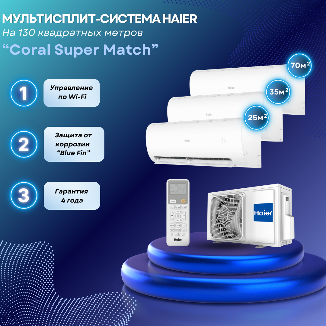 Мультисплит-система Haier Coral Super Match AS25PS1HRA-M + AS35PS1HRA-M + AS70PS1HRA-M / 5U125S2SN1FA на 3 комнаты 25+35+70 м²