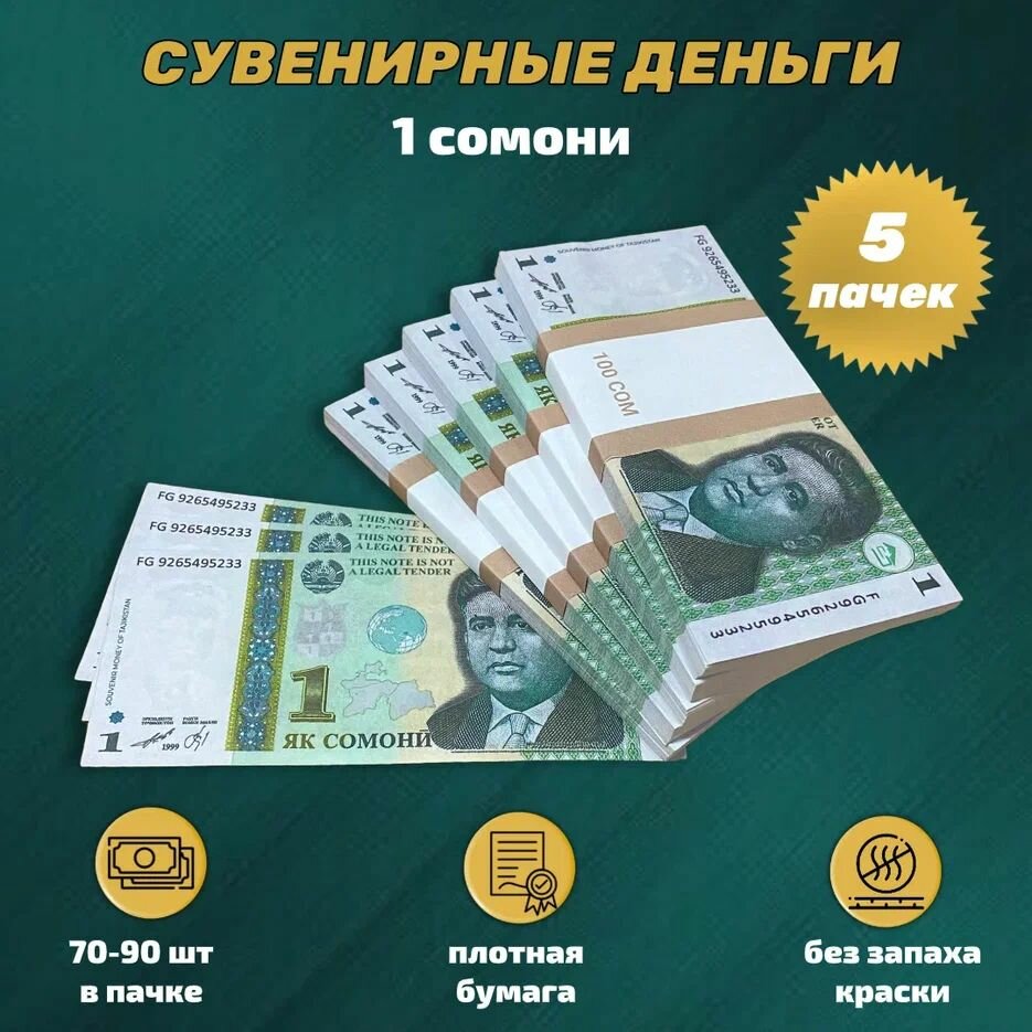 Деньги фальшивые, сувенирные, игрушечные, фейковые купюры 1 таджикских сомони , 5 пачек