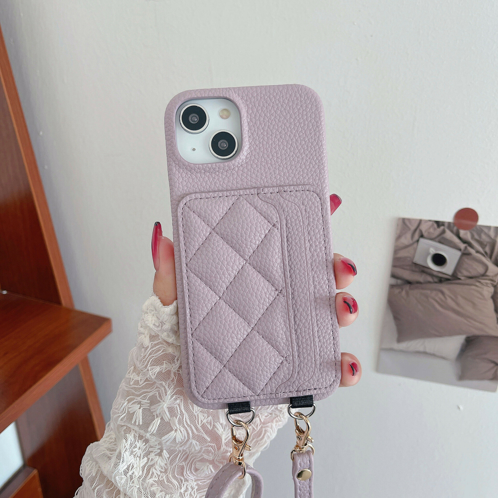 Чехол-ремень Long Ying, для iPhone 15 Plus, PU+PC, светло-фиолетовый