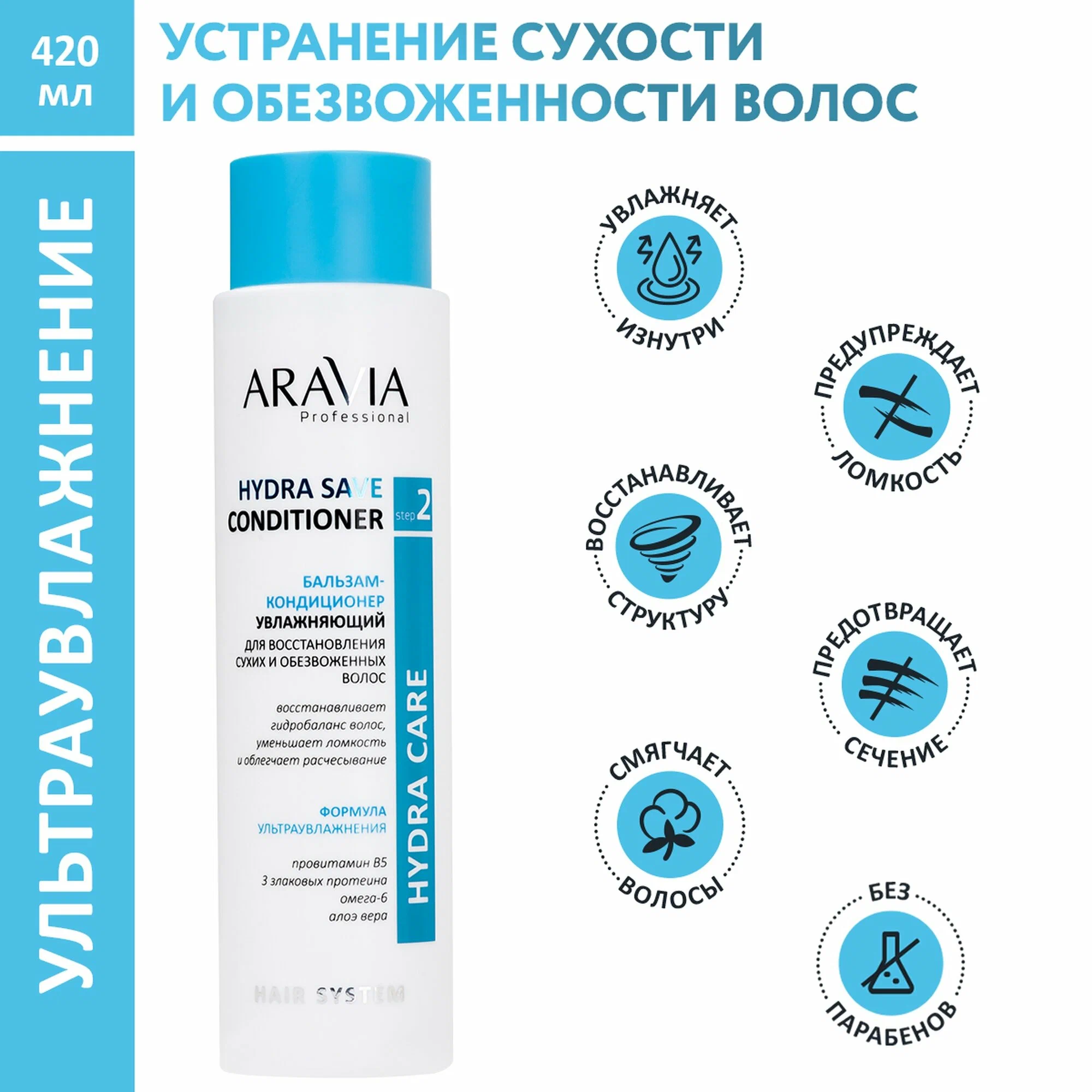 Бальзам-кондиционер для волос Aravia Professional Hydra Save Увлажняющий, для восстановления сухих и обезвоженных волос,