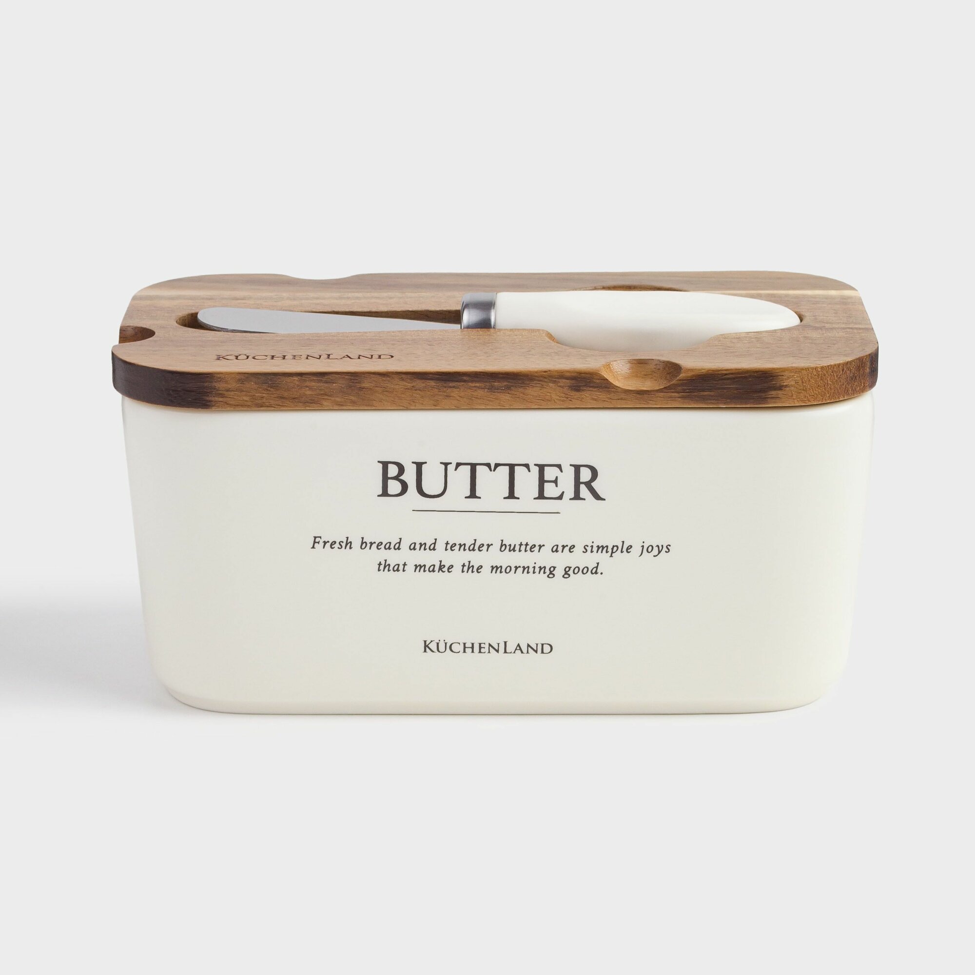 Масленка, 16 см, с ножом, керамика/дерево, прямоугольная, молочная, Course