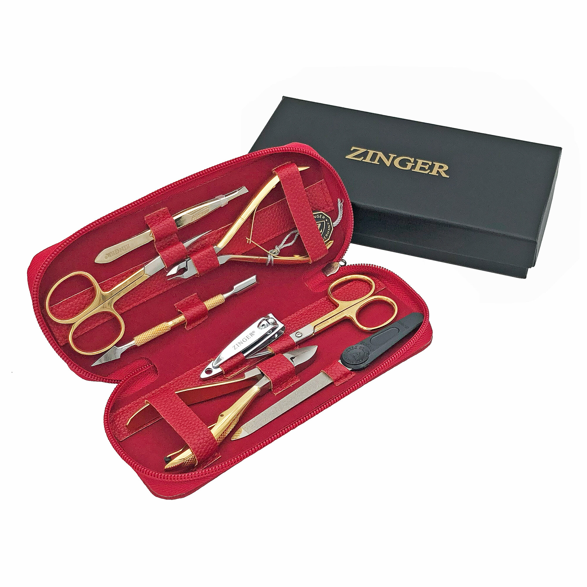 Маникюрный набор Zinger 7106 G, 8 предметов, медицинская сталь, позолоченный/красный матовый