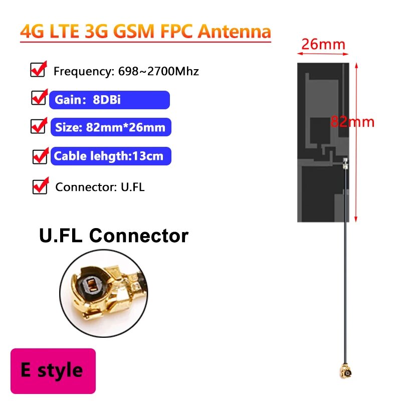 Антенна 4G LTE 3G GSM FPC, 8dBi, 698-2700MHz, 13cm, U.FL