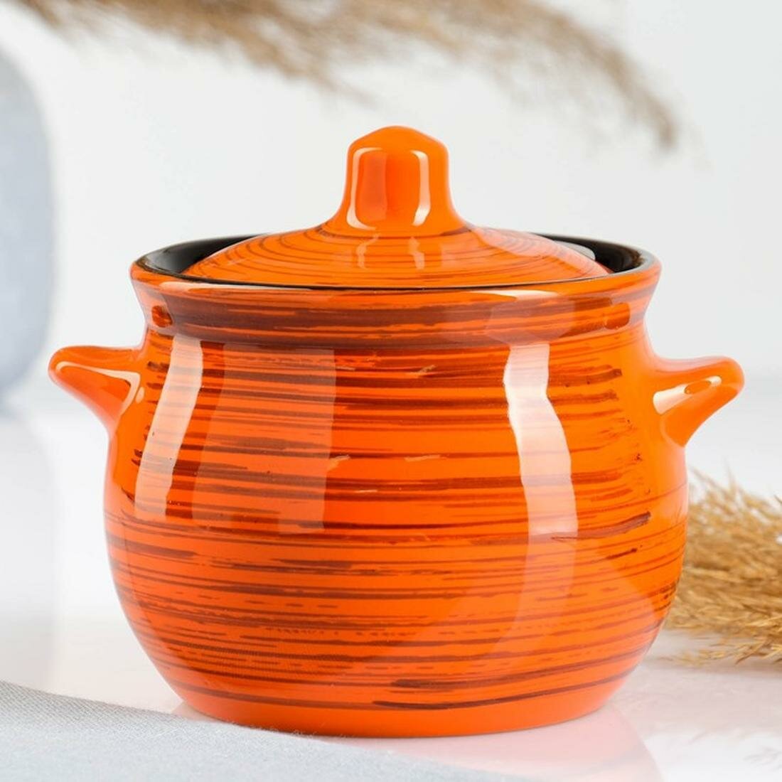 Горшочек для запекания Борисовская керамика «Тигровая», 650 мл, 12,5×11,5 см, керамика, оранжевая