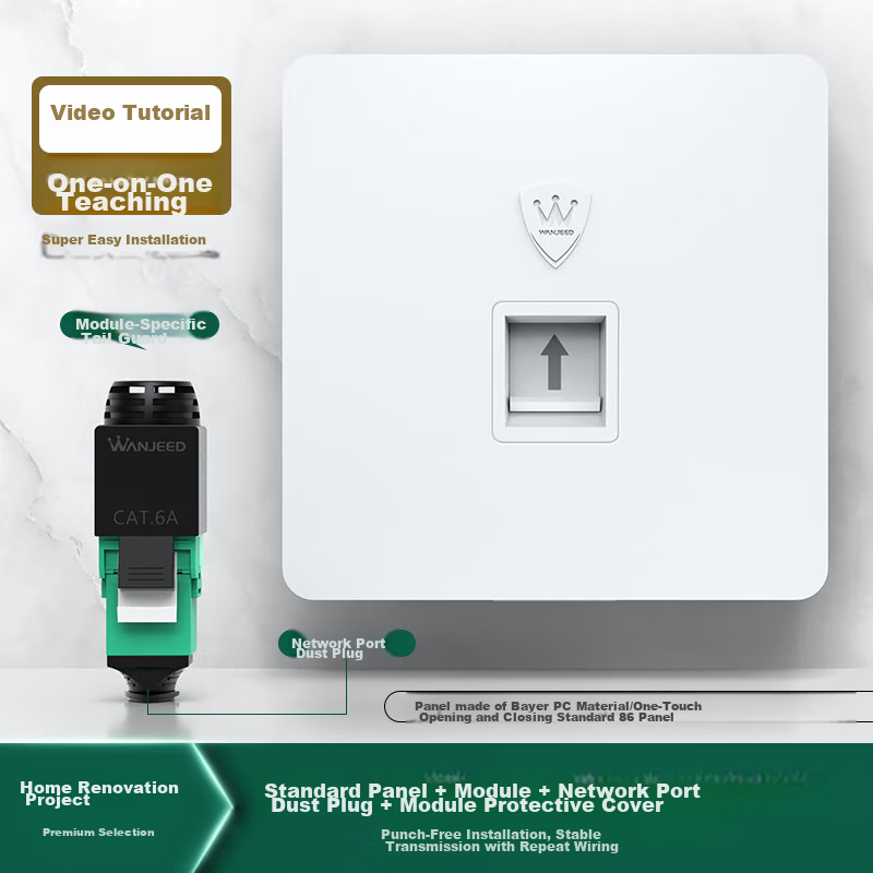 Wanji Network Panel, Cat6, Unshielded Network Cable Socket, Single-Port 86-Type, Cat6 Crystal Head, 10Gbps, Plug-And Network Panel with Module Set, 1-144076
