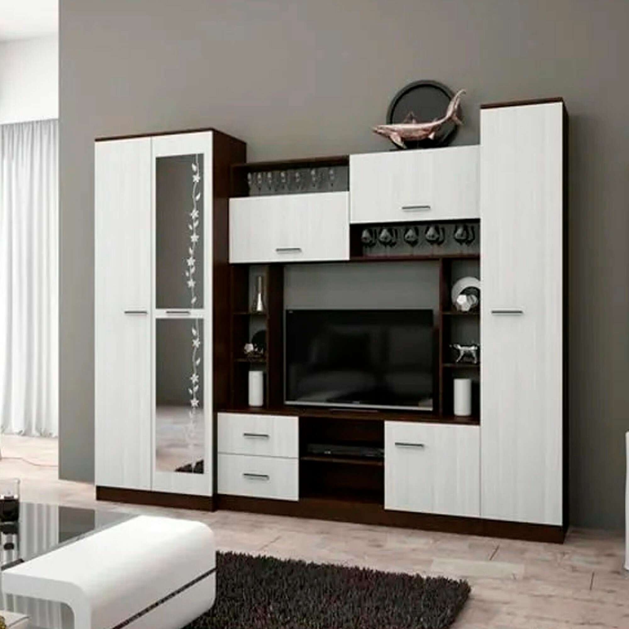 Cтенка в гостиную "Марта" Венге / Лоредо, под телевизор со шкафом, напольная, горка в гостиную, в зал, тв зона, ширина 270 см, с зеркалом