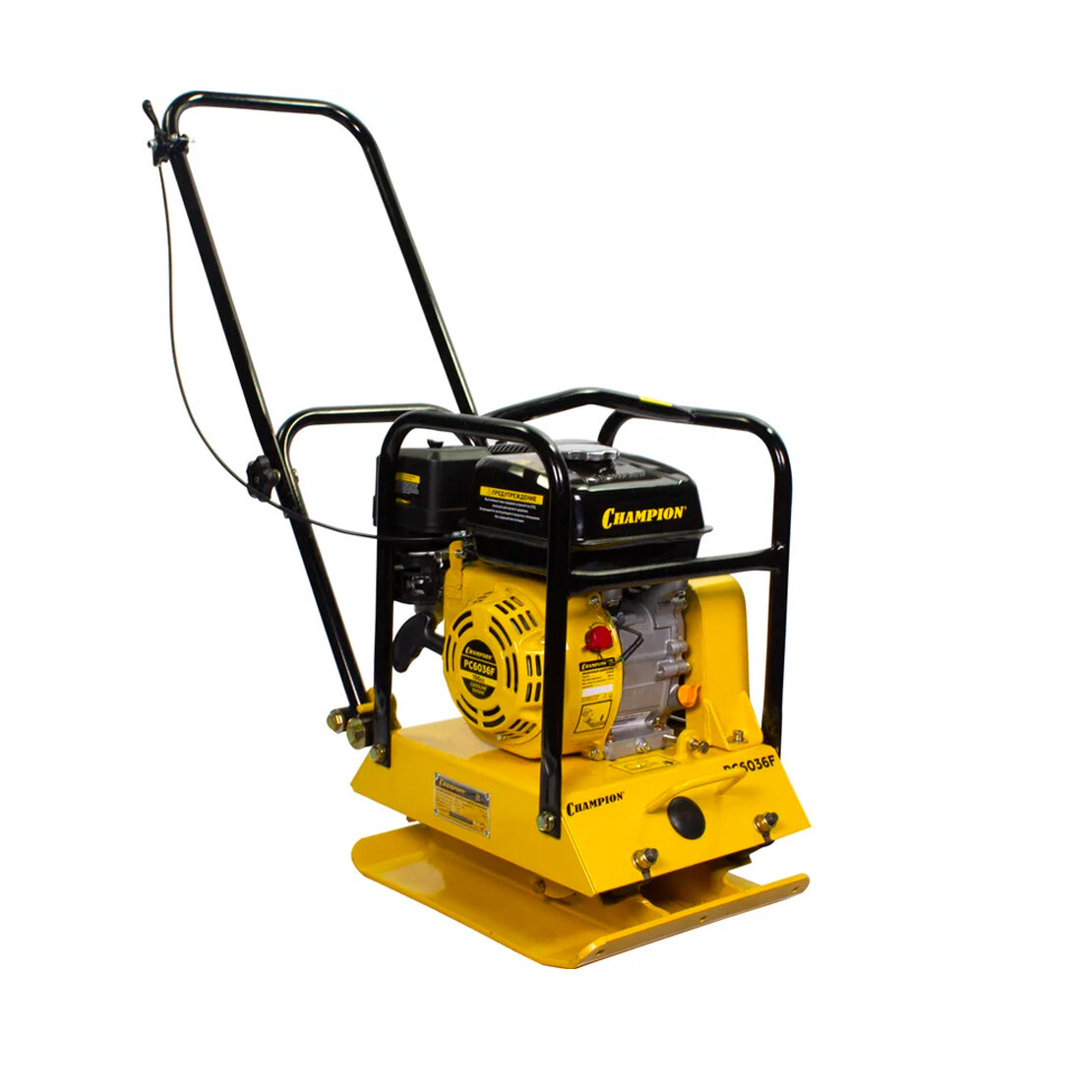 Виброплита бензиновая Champion PC6036F, 4800 Вт, 6.5 л. с, бак 3,6 л, 0.4 л/ч, желтый