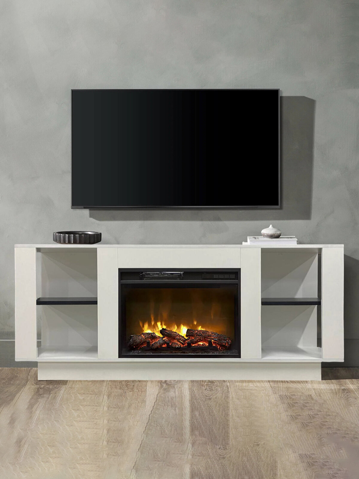 Камин электрический LiderKamin Bastion WT с очагом Magic 24, тумба под ТВ, пульт ДУ, звуковой эффект, обогрев