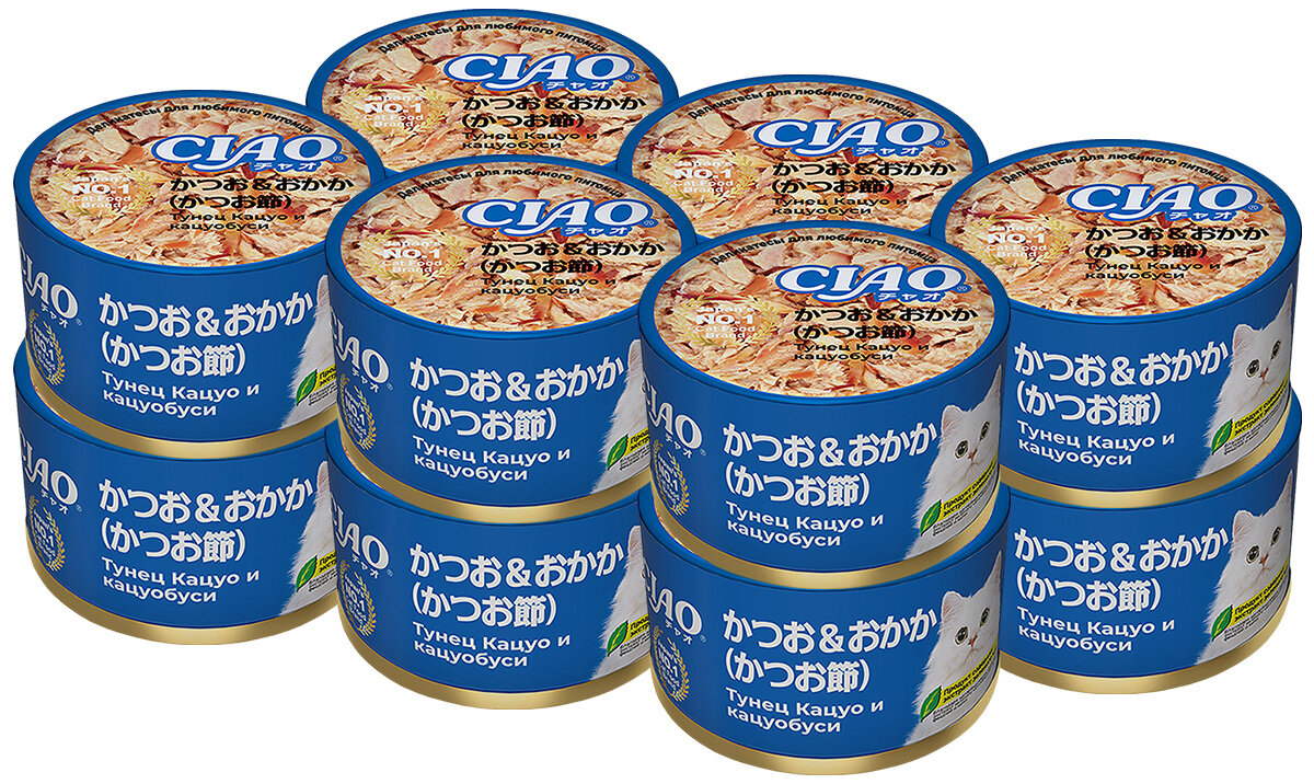 Влажный корм Inaba Ciao Can для взрослых кошек с тунцом Кацуо и кацуобуси в желе банка, 85 гр 12 шт