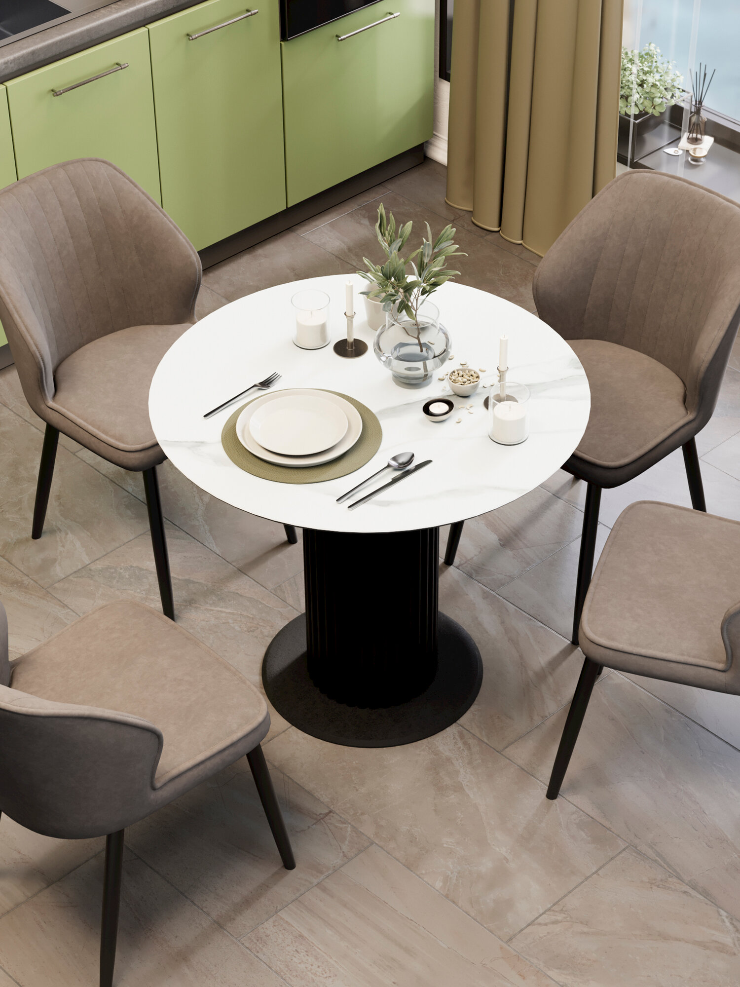 Стол кухонный, круглый, стеклянный Айрис 90х90 см. Черный муар/Стекло глянцевое белый мрамор