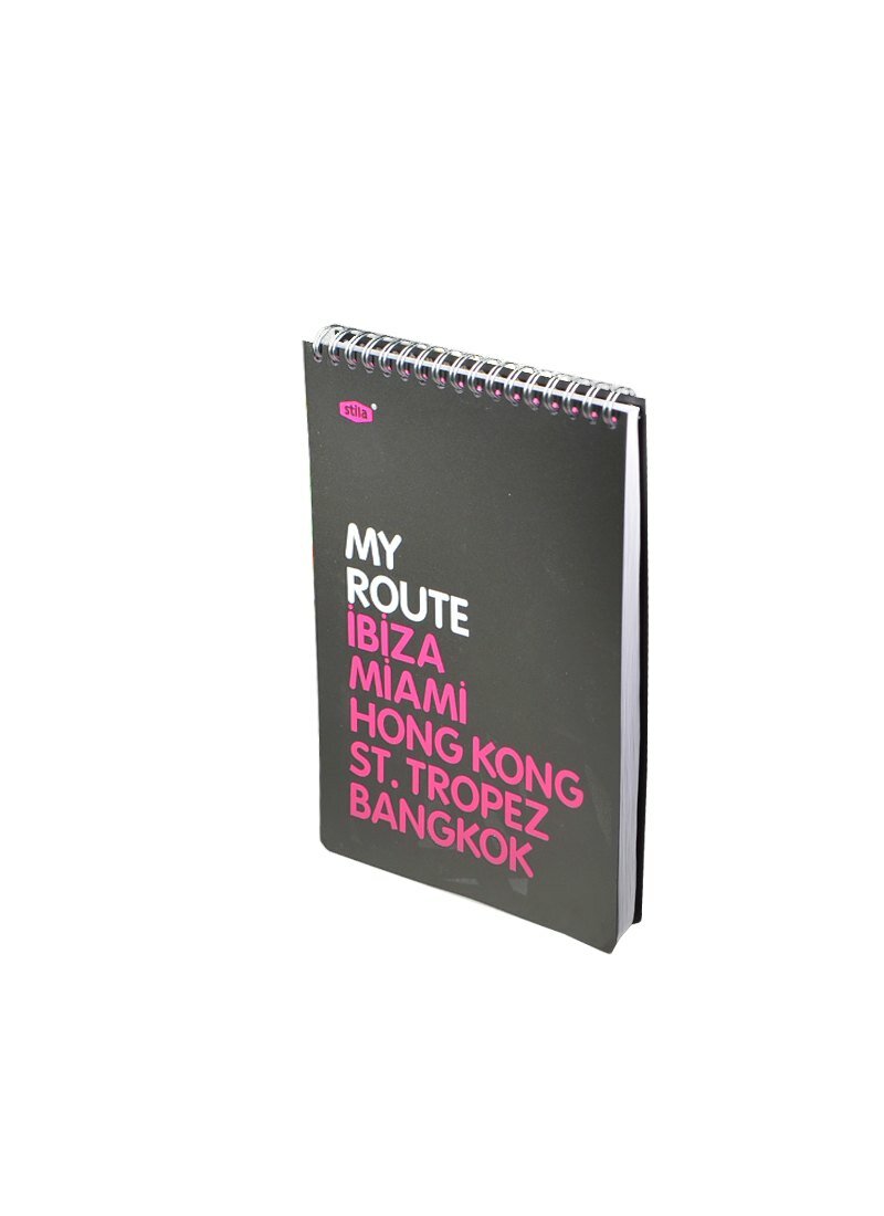 Блокнот А5 50л кл. "MY ROUTE" спираль, пластик. обл, черно-розовый, stila