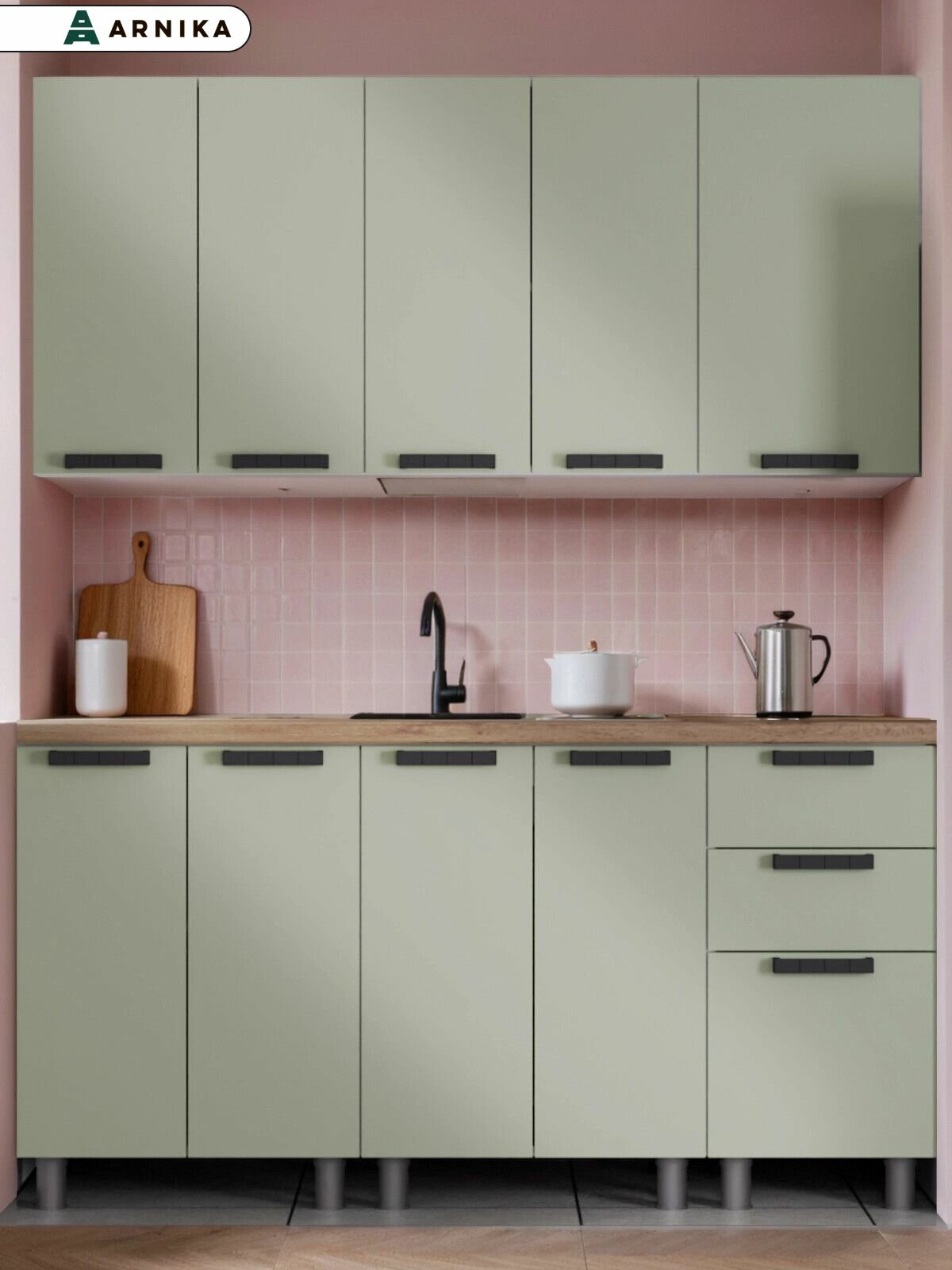 ARNIKA Кухонный гарнитур 1,6м со столешницей Фиcташка/Фисташка, скоба черный, сонома