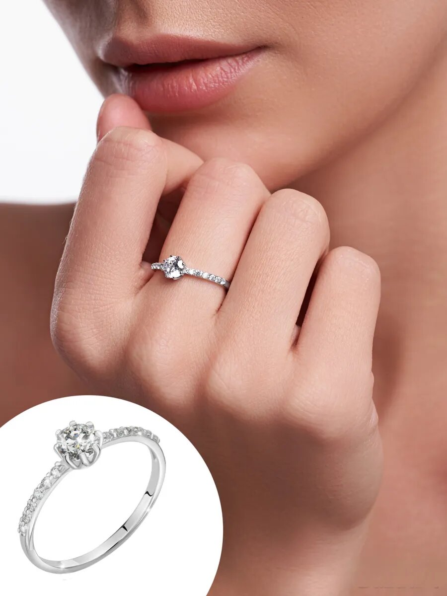 Кольцо помолвочное, серебро, 925 проба, родирование, фианит