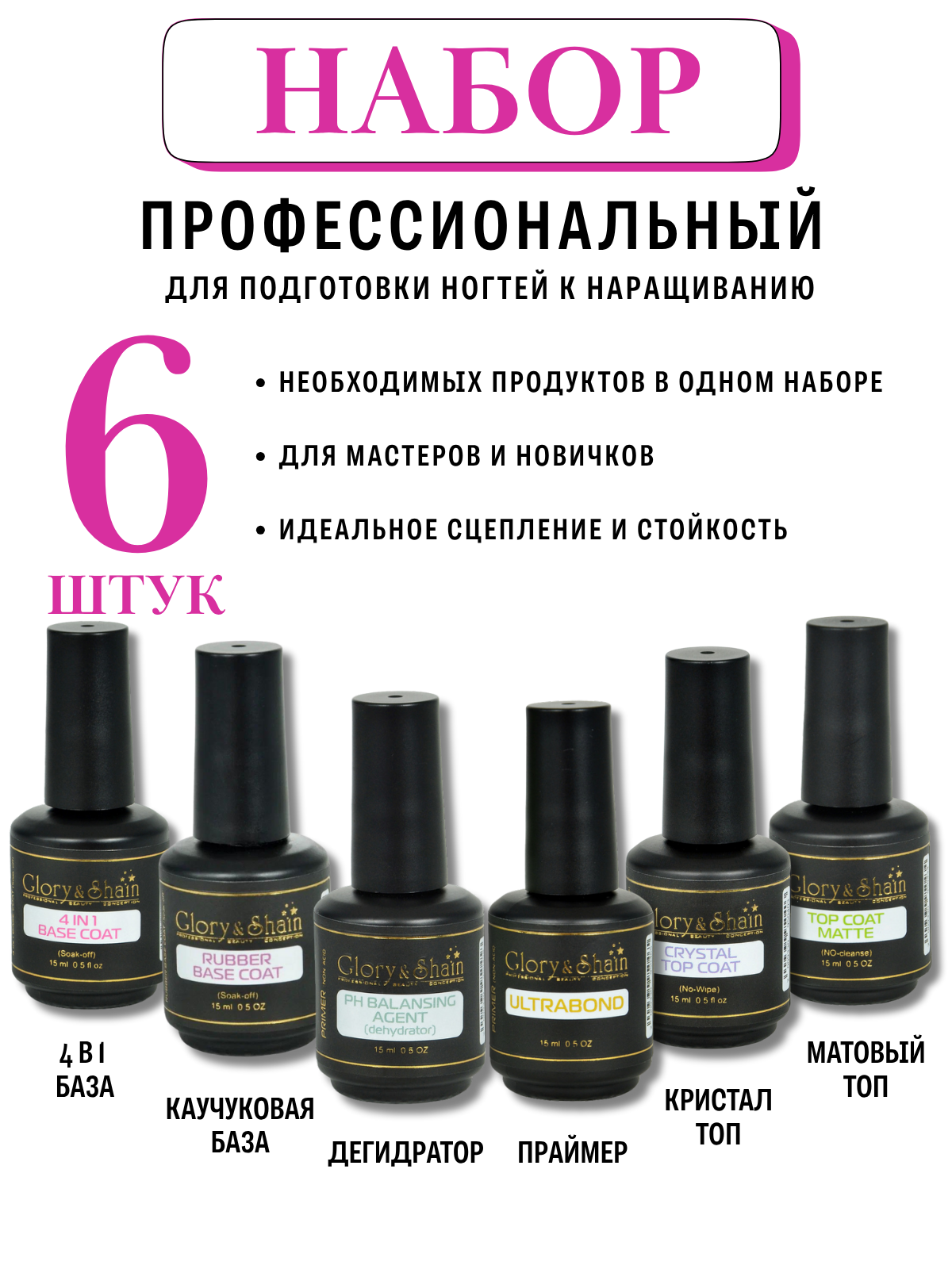 Набор 6 в 1 для подготовки ногтей к наращиванию.