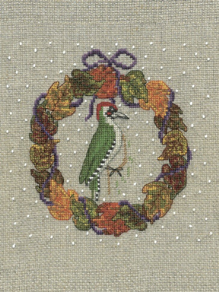 Набор для вышивания Le Bonheur des Dames #2697 October wreath - Green Woodpecker (Октябрьский венок Зеленый дятел), Счетный крест, 14.5 х 14.5 см