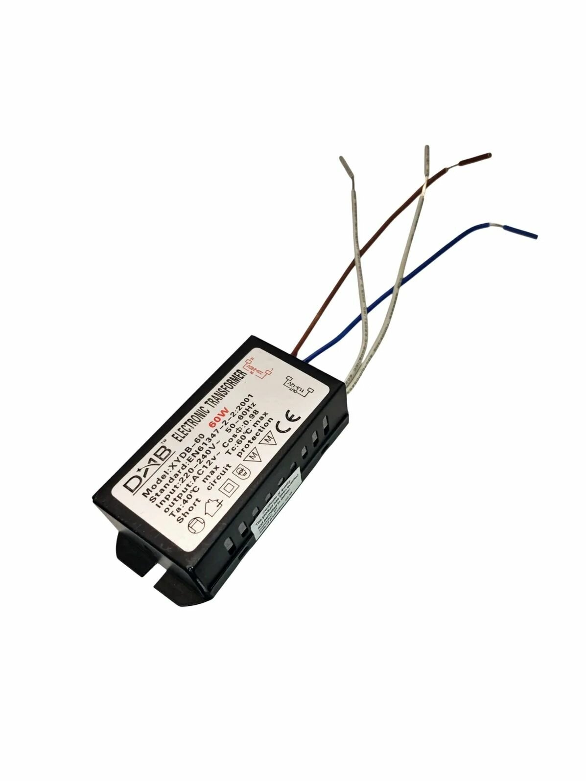 Трансформатор для люстр с галогеновыми лампочками, выдаёт переменное напряжение 12В, максимальная мощность 60Вт, минимальная мощность - 25Вт (без нагрузки НЕ работает!)