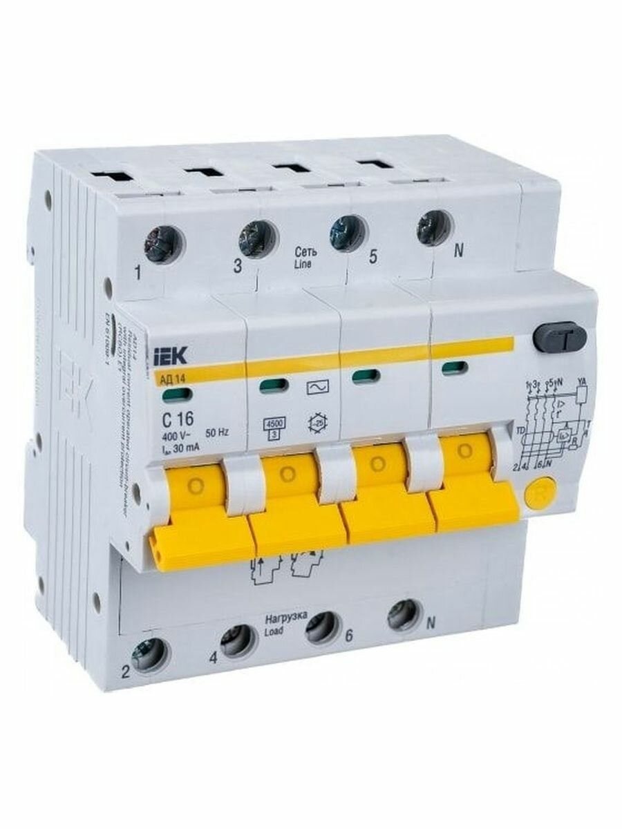 Выключатель автоматический дифференциальный АД-14 4п 16А 30мА С MAD10-4-016-C-030 IEK