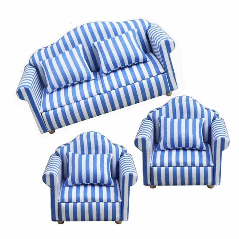 1 комплект полосатого дивана для кукольного домика 3, 1:12 с подушкой-Комплект из трех предметов (синие полоски)