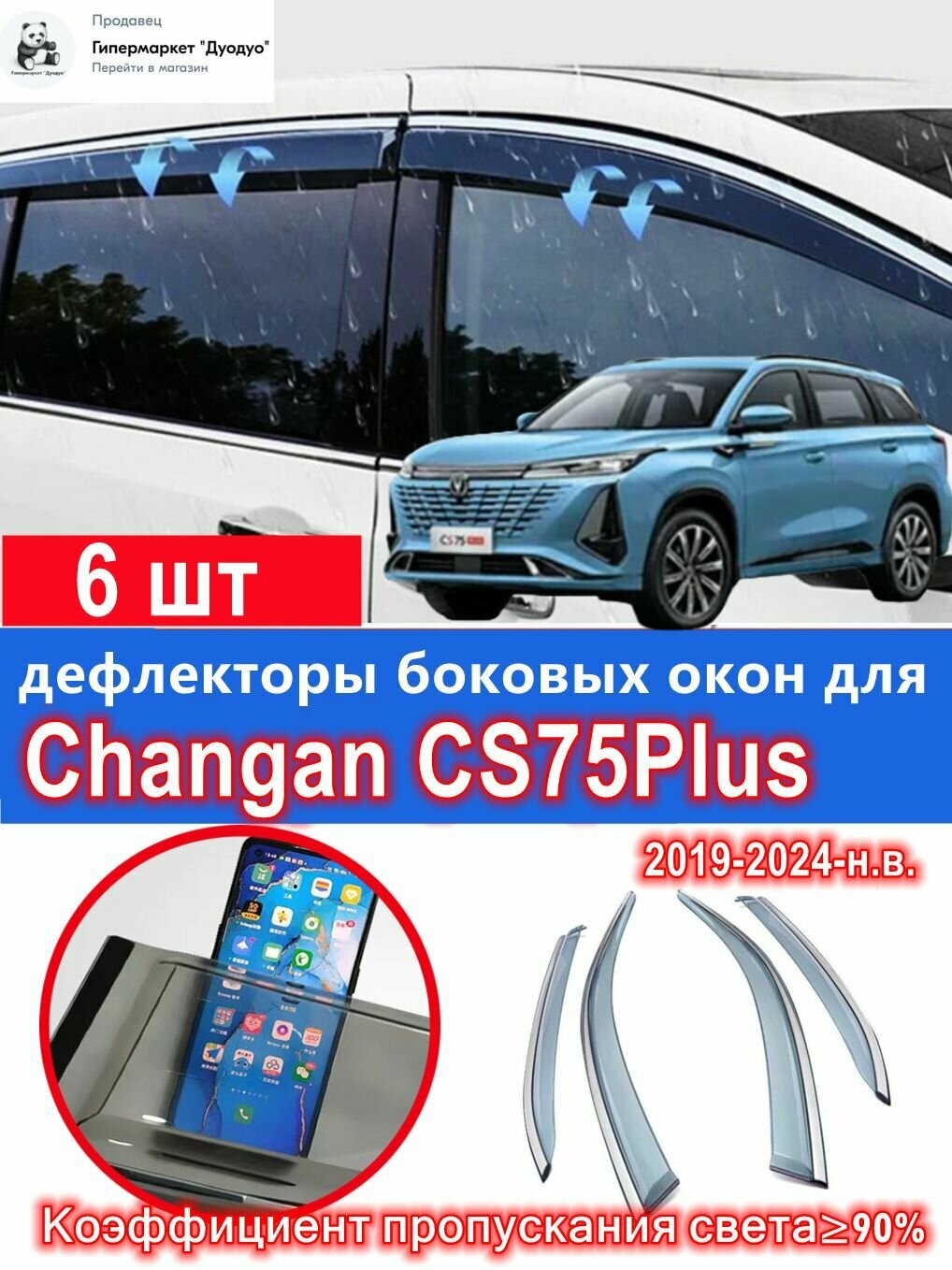 Плоские тюнинг дефлекторы с хромом для окон Changan CS75 plus (2019 - н. в.) 1 поколение. 2d дефлекторы на Чанган ЦС 75 плюс 1 поколение (подходит на дорестайлинг и все рестайлинги). Комплект 6 шт