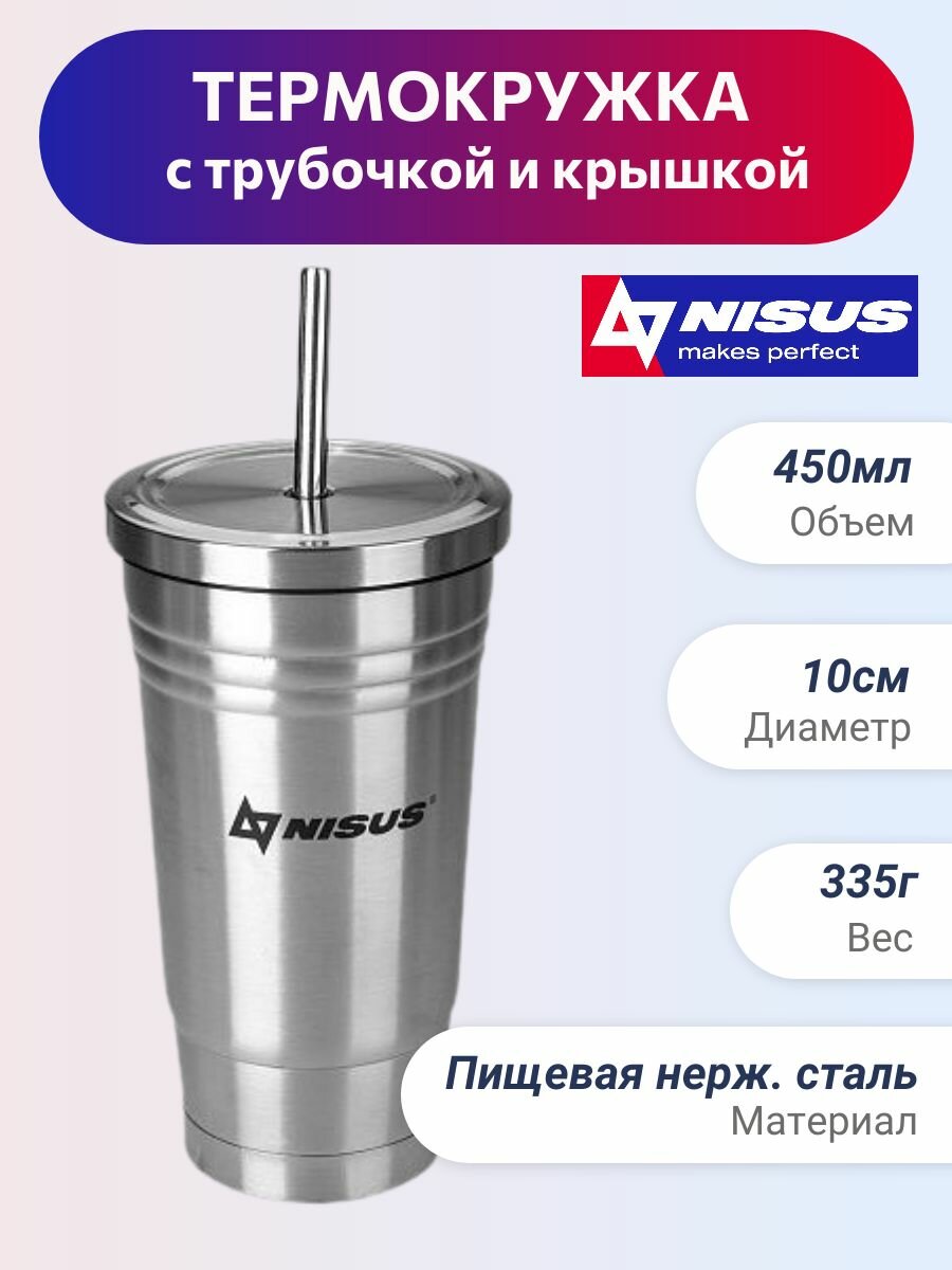 Термокружка с трубочкой и крышкой Nisus N. SS-035, 0.45мл/ термостакан для кофе