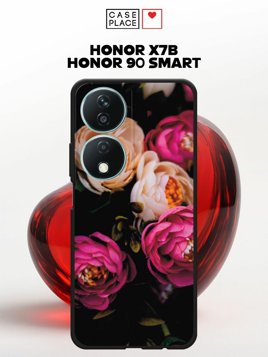 Черный матовый чехол на Honor X7B/90 Smart / Хонор X7B/90 Смарт с принтом Бордовые пионы