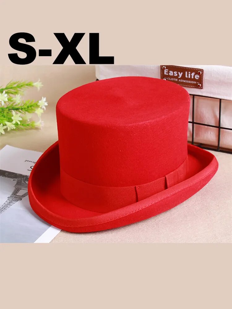 Цилиндр Шляпа Шерстяная Красный L（58-60cm） Британский стиль Фокусник Карнавальная