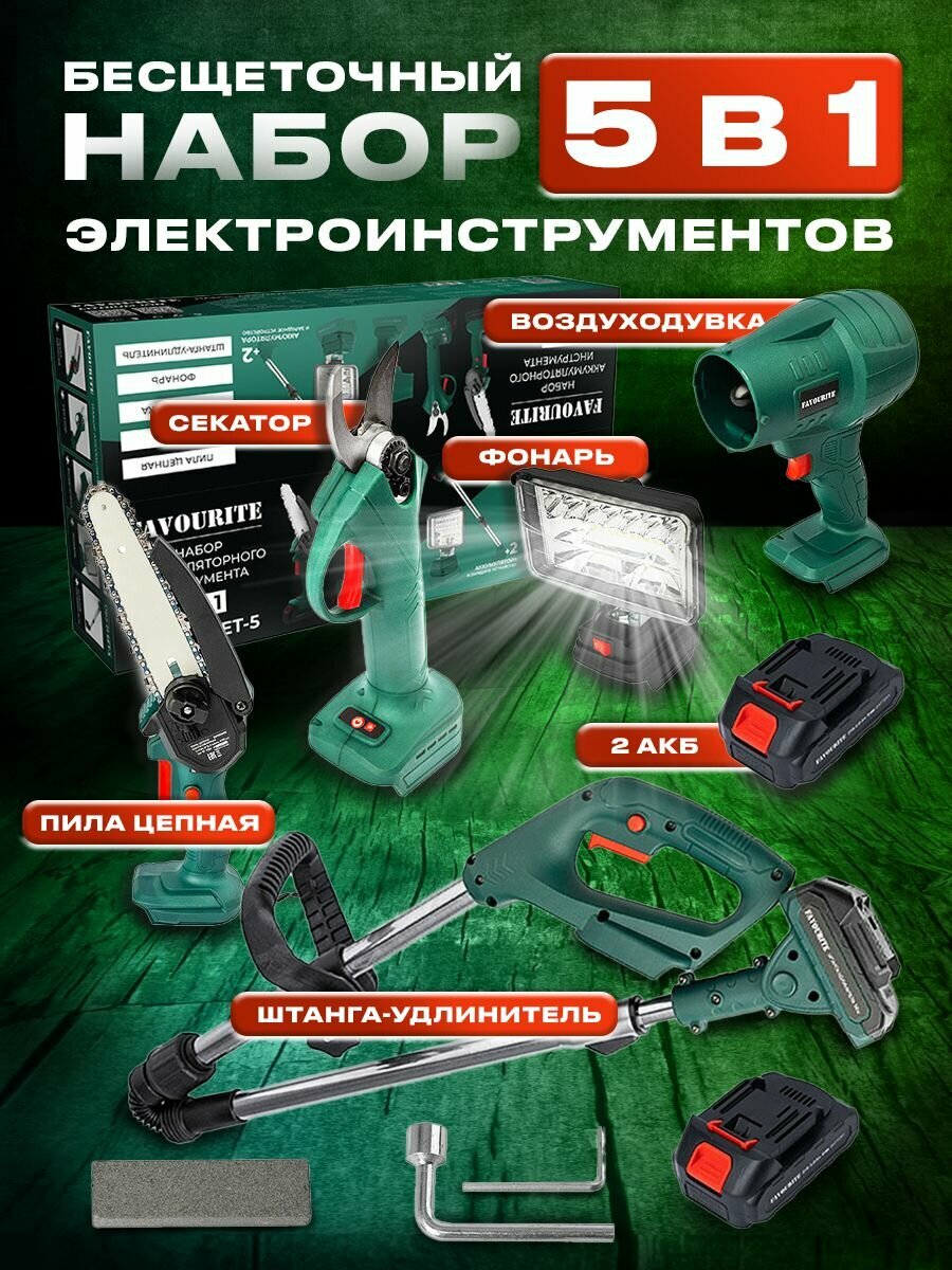 Набор аккумуляторного инструмента FAVOURITE 5 предметов Li-ion, 21 В, 2 Ач /Пила цепная, Секатор , Воздуходувка, Фонарь , Штанга-удлинитель (1.6 м). One battery system