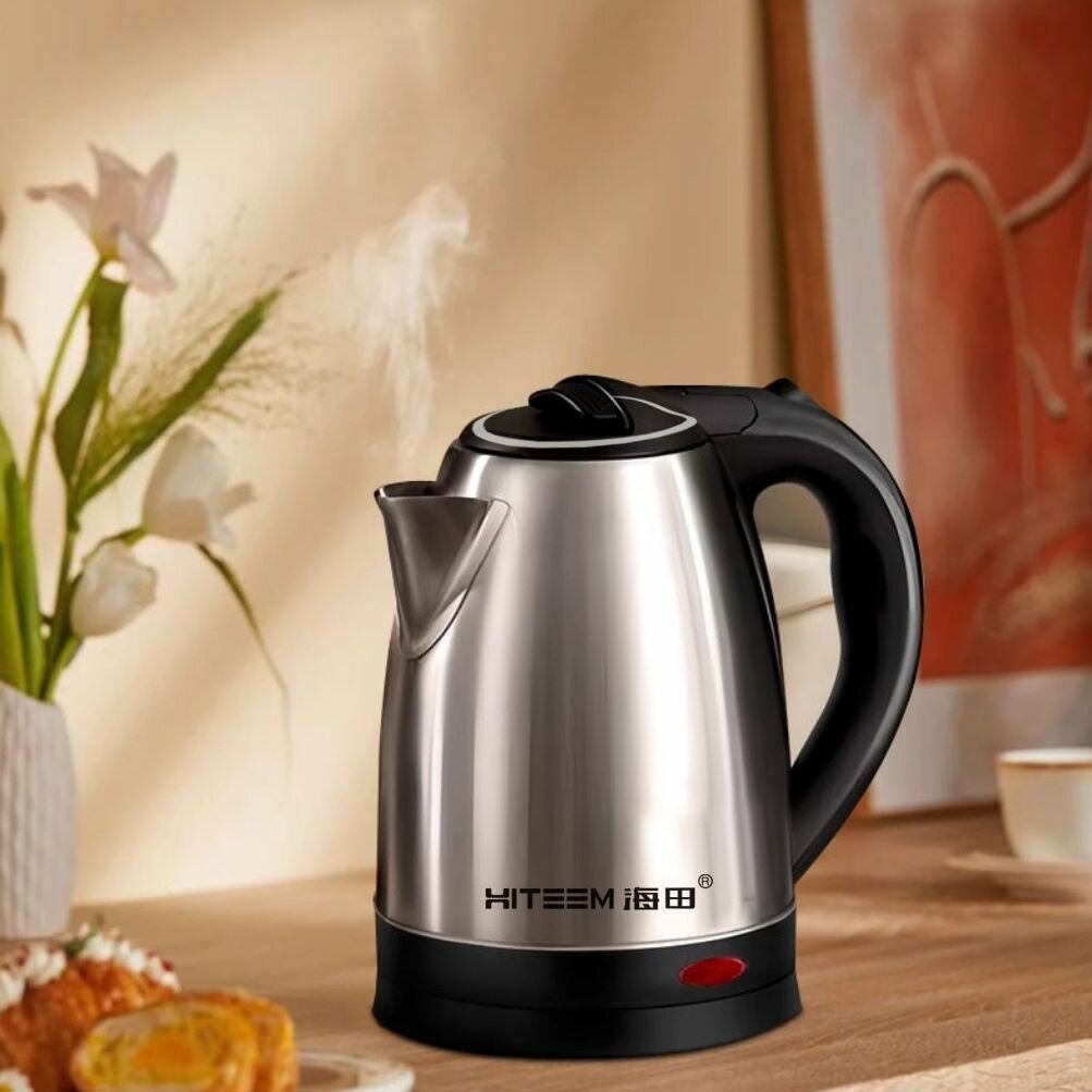 Электрический чайник старого образца, полностью стальной, большой емкости, бытовой, с защитой от ожогов и автоматическим отключением, предназначен для отелей.