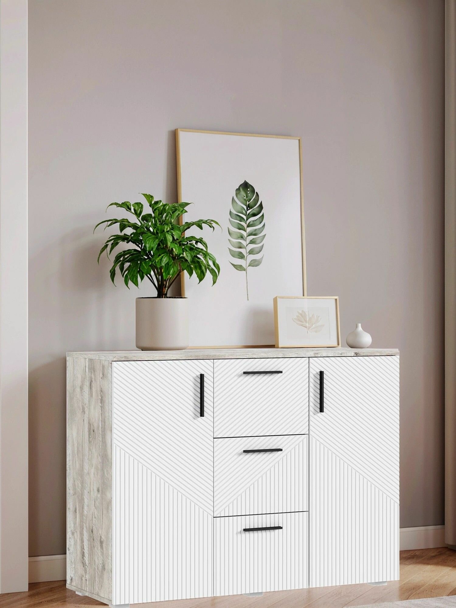 Сильвия Комод 3 ящика 2 двери, Браш Вайт, Дуб Юкон