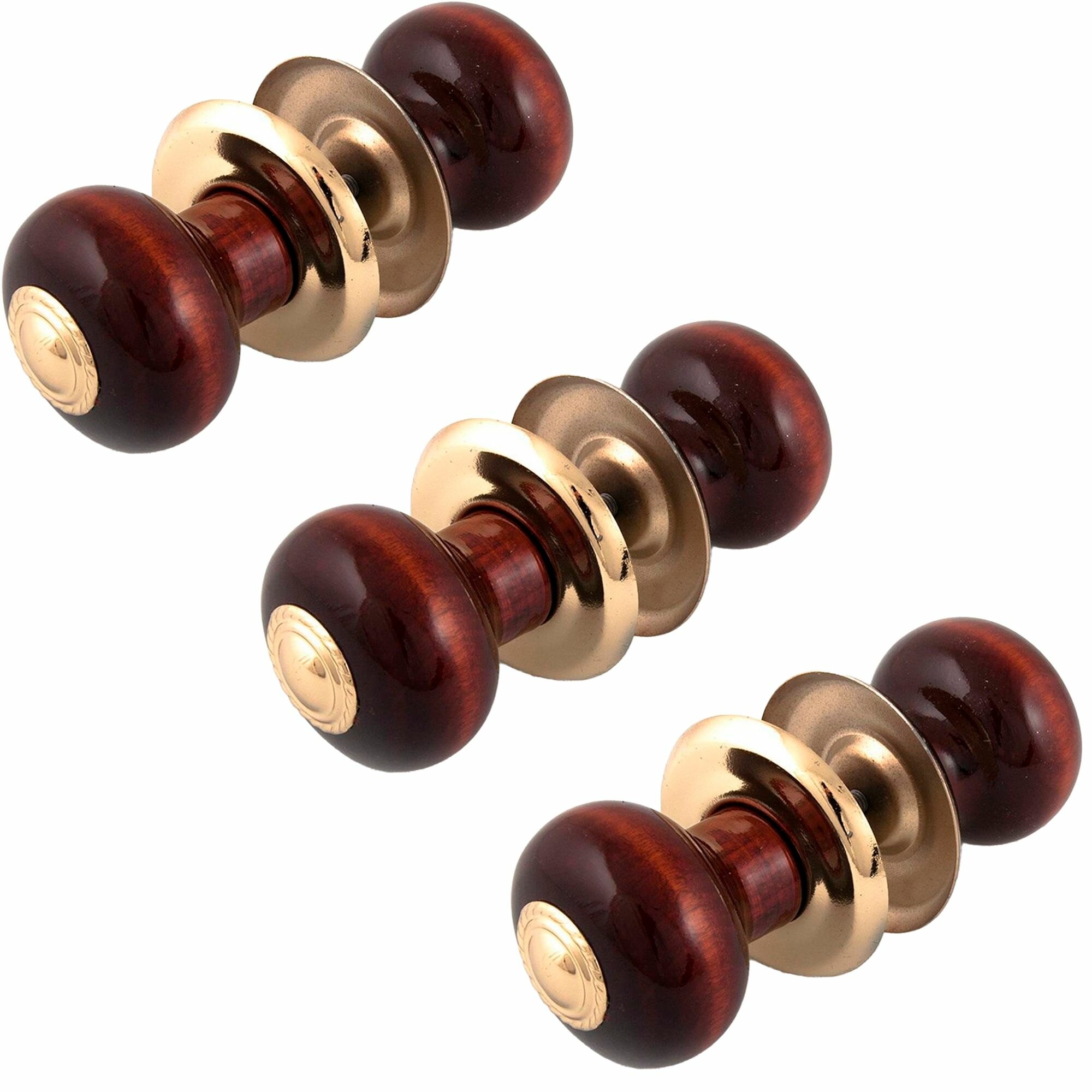 Ручка-кнопка дверная, дерево (3 штуки), 1Бт1-1 темная, золотая планка, золотая накладка, глянцевый лак