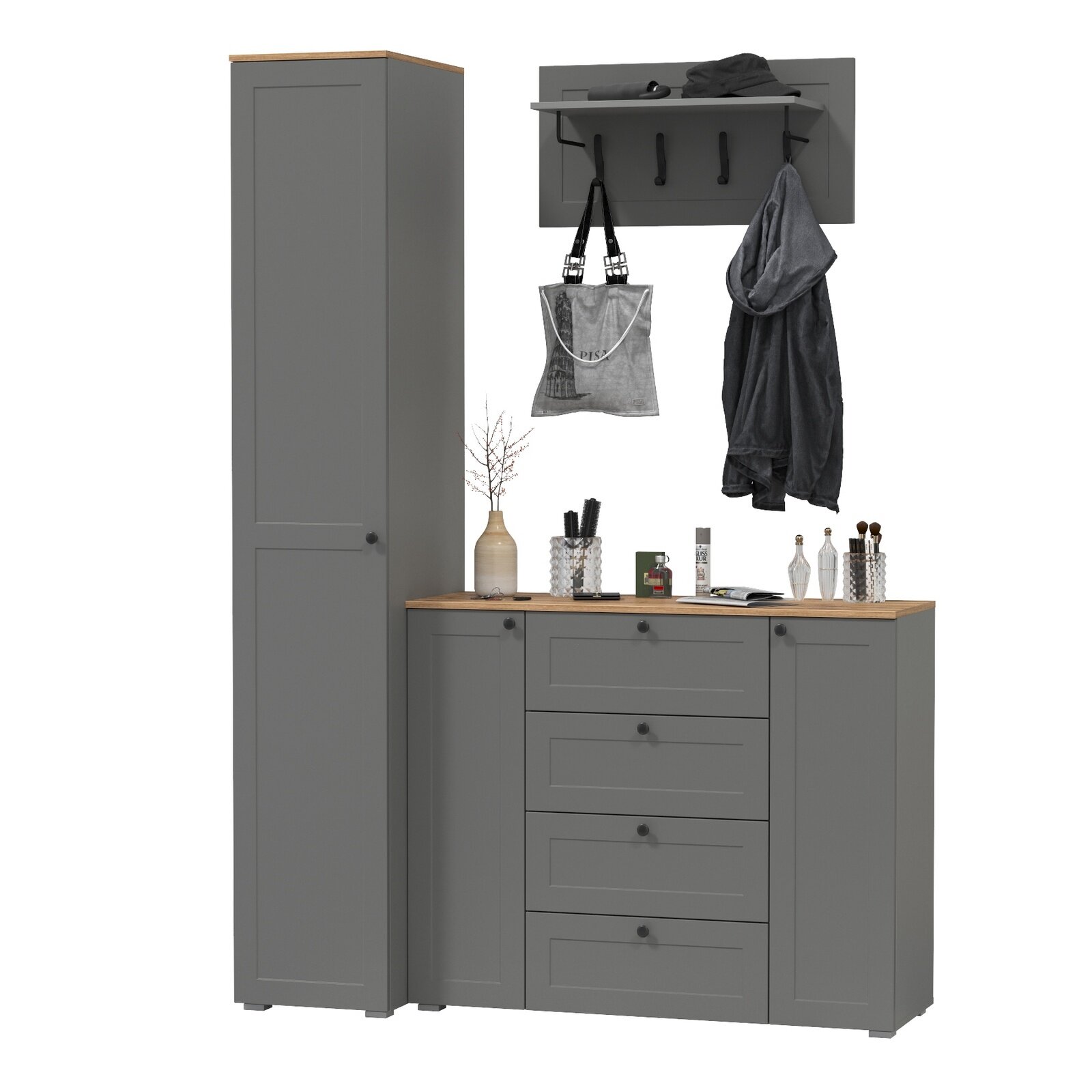 Шкаф-пенал с комодом четыре ящика и вешалкой для одежды Остин цвет серый графит/дуб крафт золотой