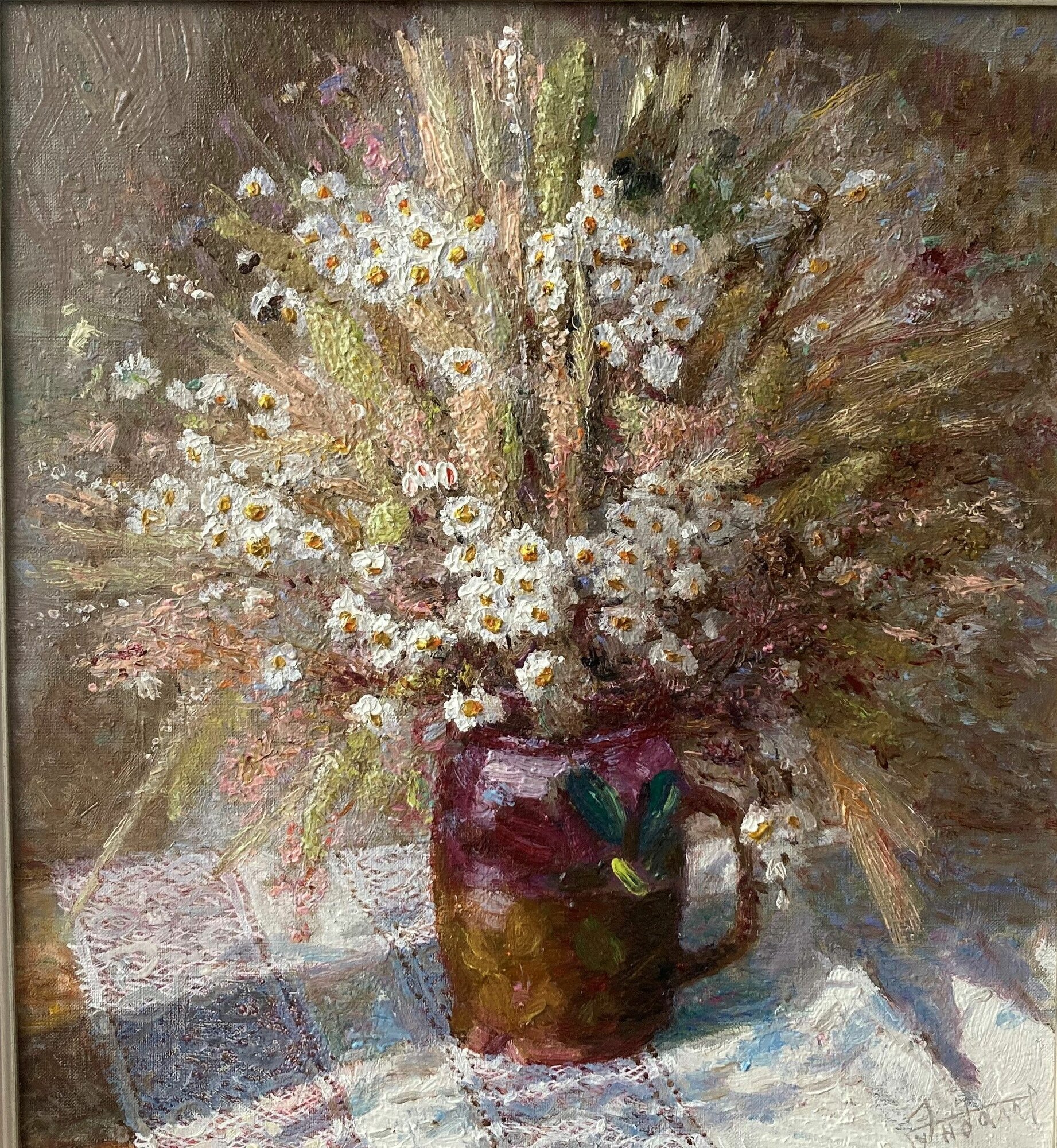 Картина "Ромашки с колокольчиками", 50х45см, холст; масло, авторская работа; ;