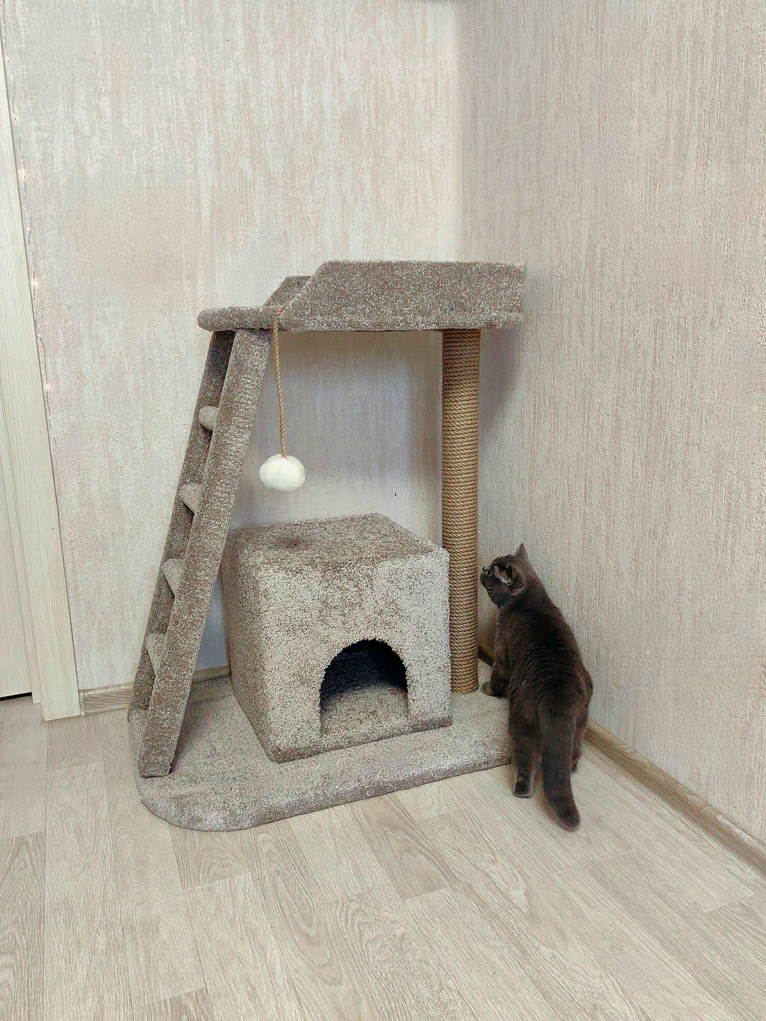 Домик для кошки с когтеточкой, Моя Котя, "Дом отдыха", ковролин серо-фиолетовый, джут