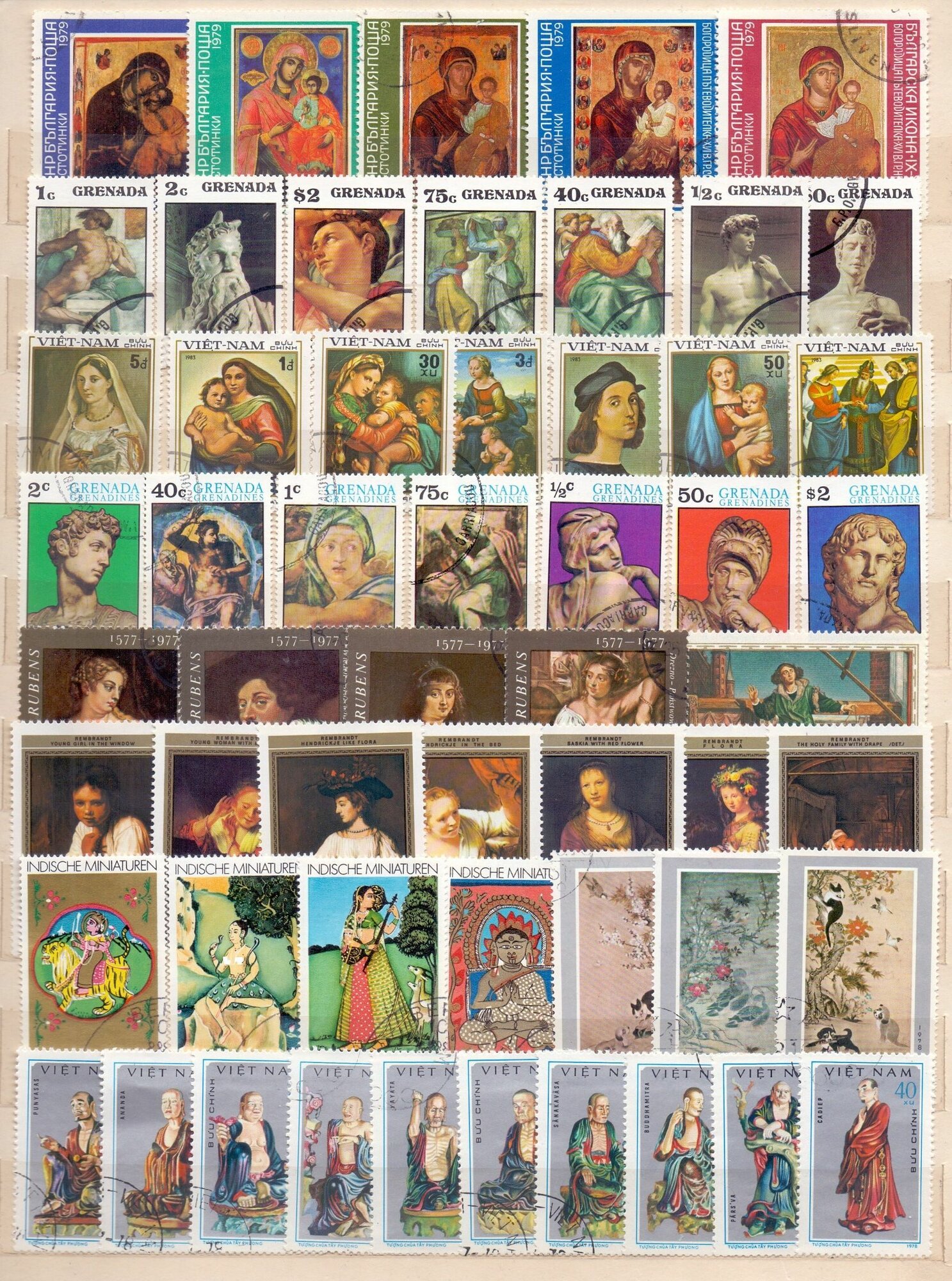 Почтовые марки Гренада, Вьетнам и другие страны. Искусство, филгашение. Шикарная подборка из 55 марок.