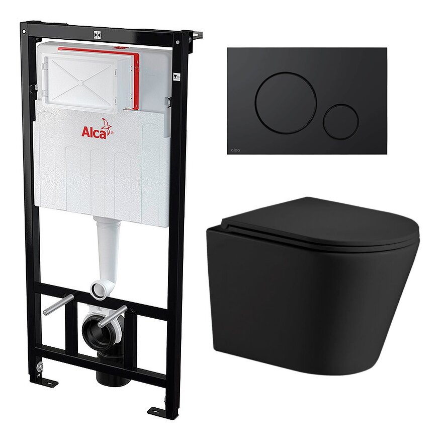 Комплект 3 в 1 инсталляция AlcaPlast + Подвесной унитаз WeltWasser Salzbach 043 MT-BL + черная кнопка