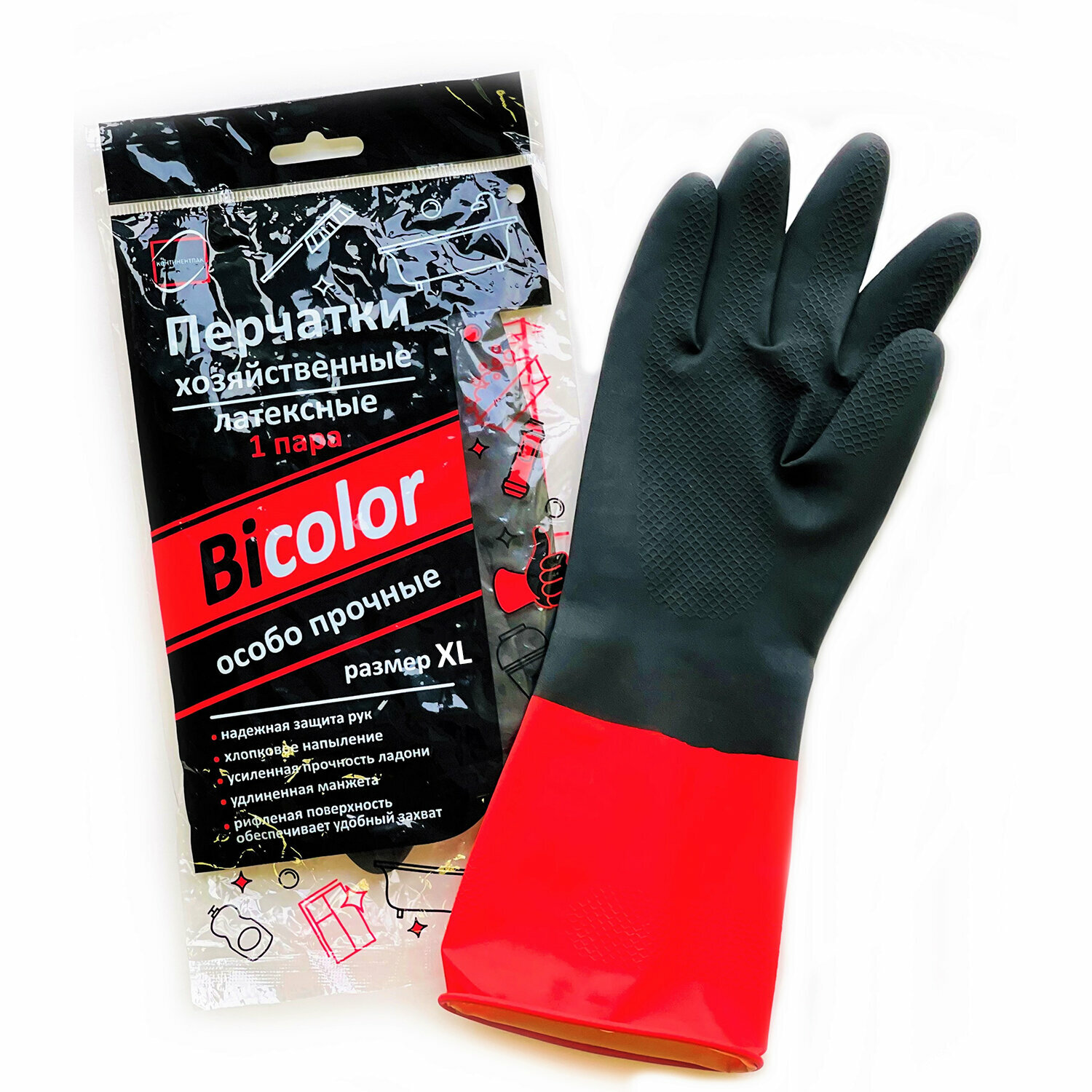 Комплектация 4 шт. Перчатки многоразовые латексные BiColor черно-красные, хлопчатобумажное напыление, размер 9-10, XL (очень большой), вес 70 г, КП, 139469