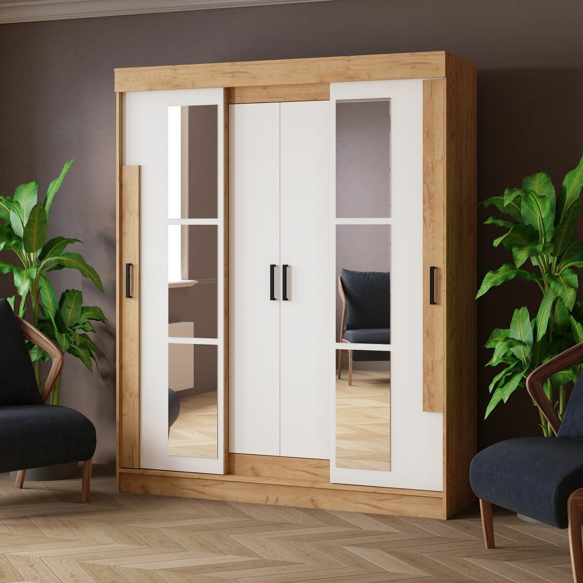 Современный Шкаф-купе для одежды Твист с зеркалами белый/дуб крафт золотой (Микон)