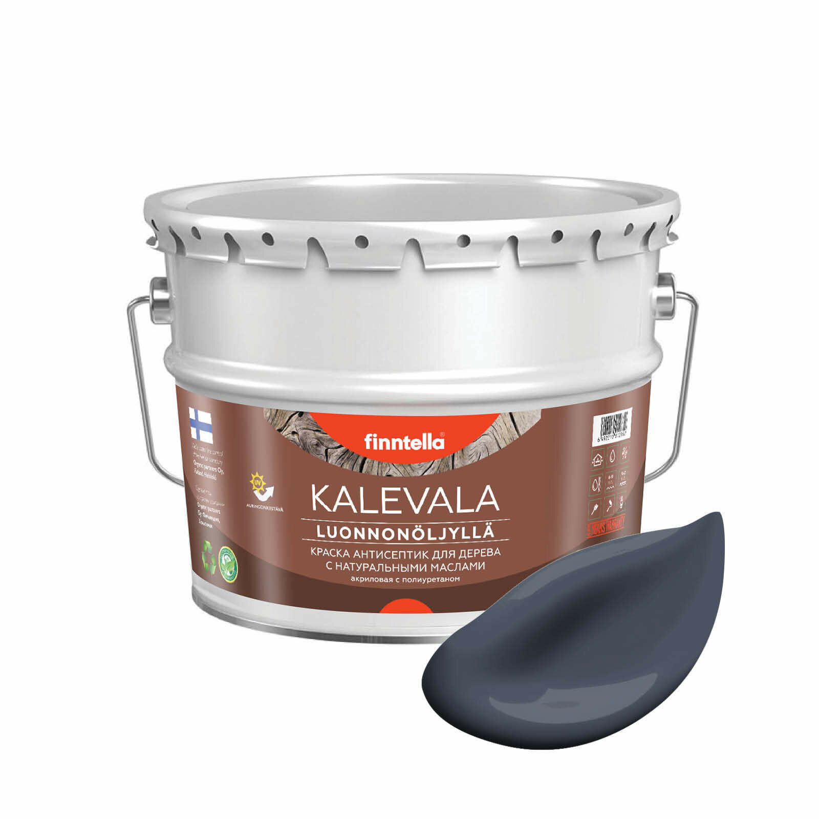 Краска для дерева и деревянных фасадов FINNTELLA KALEVALA, с натуральным маслом и полиуретаном, цвет MONSUUNI (холодно-сине-серый) , 9л