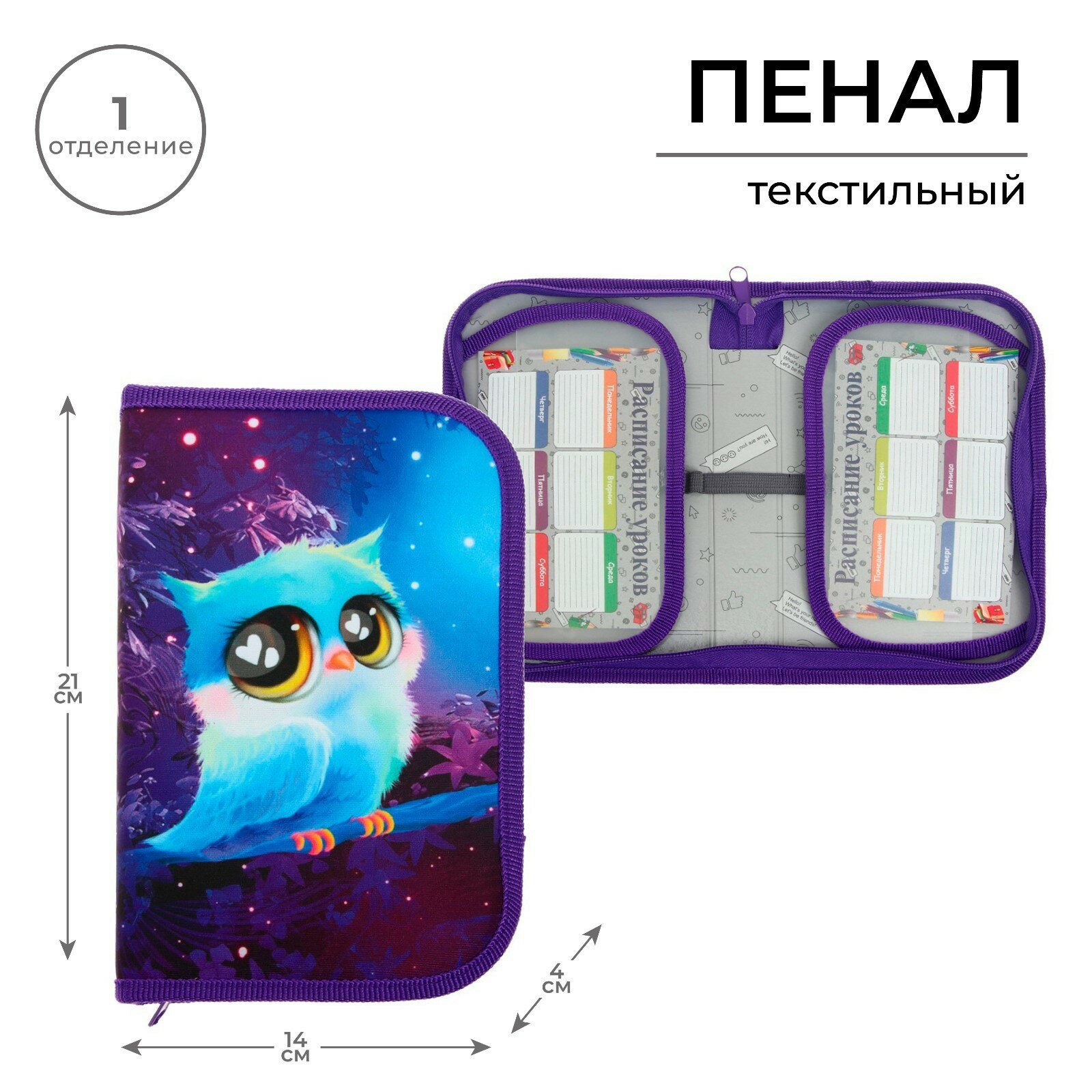 Пенал школьный, 1 секция, 13 × 21 × 4 см «Совушка», для детей