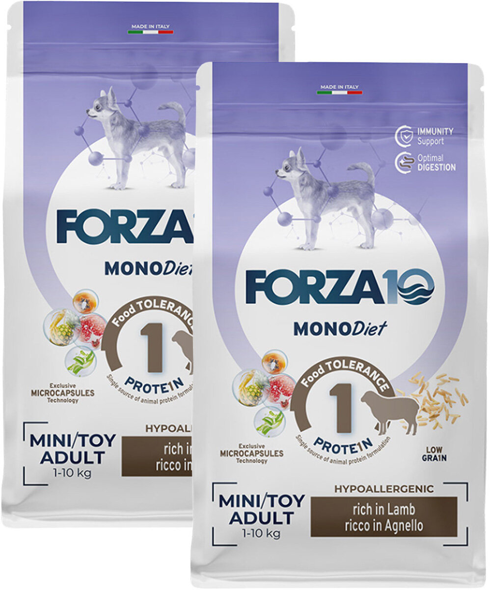 Корм сухой Forza10 Dog Mini Toy Monodiet Low Grain для собак маленьких пород при аллергии с ягненком , 1,5 кг х 2 шт