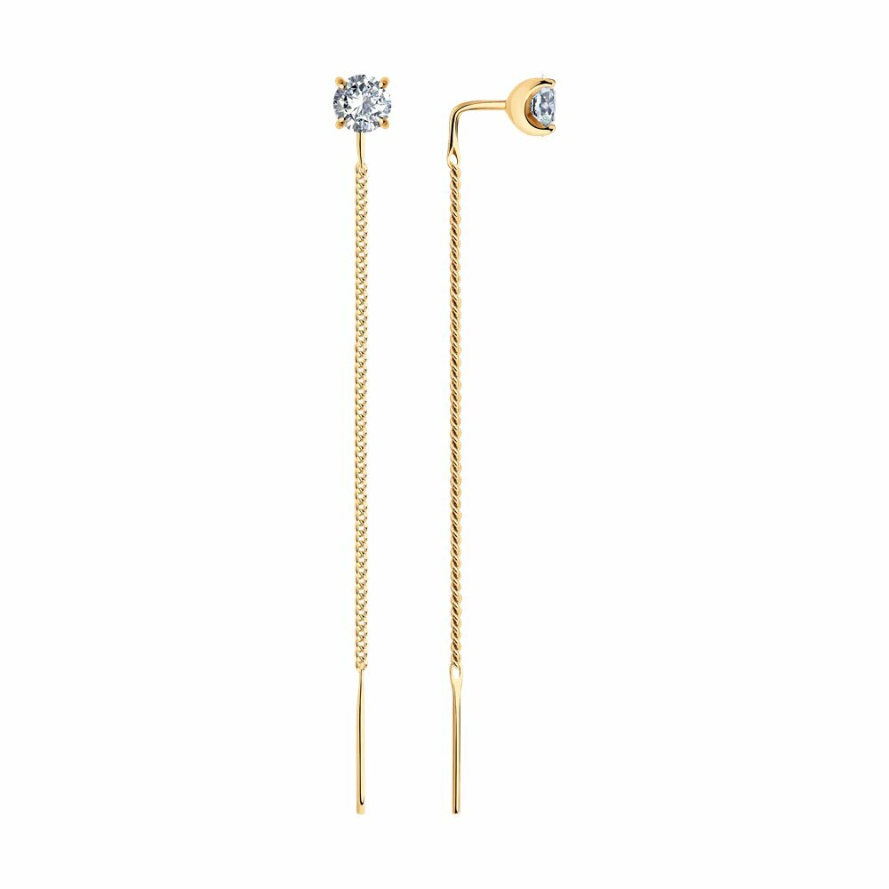 Серьги цепочки, серебро, 925 проба, золочение, фианит