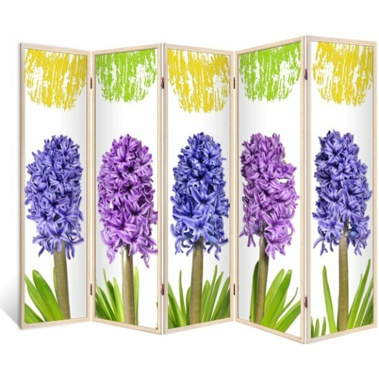 Ширма перегородка Декор Депо для комнаты деревянная "Краски жизни" двухсторонняя с картинкой (цветы) 5 створок кремовый дуб 176х230 см 18 кг