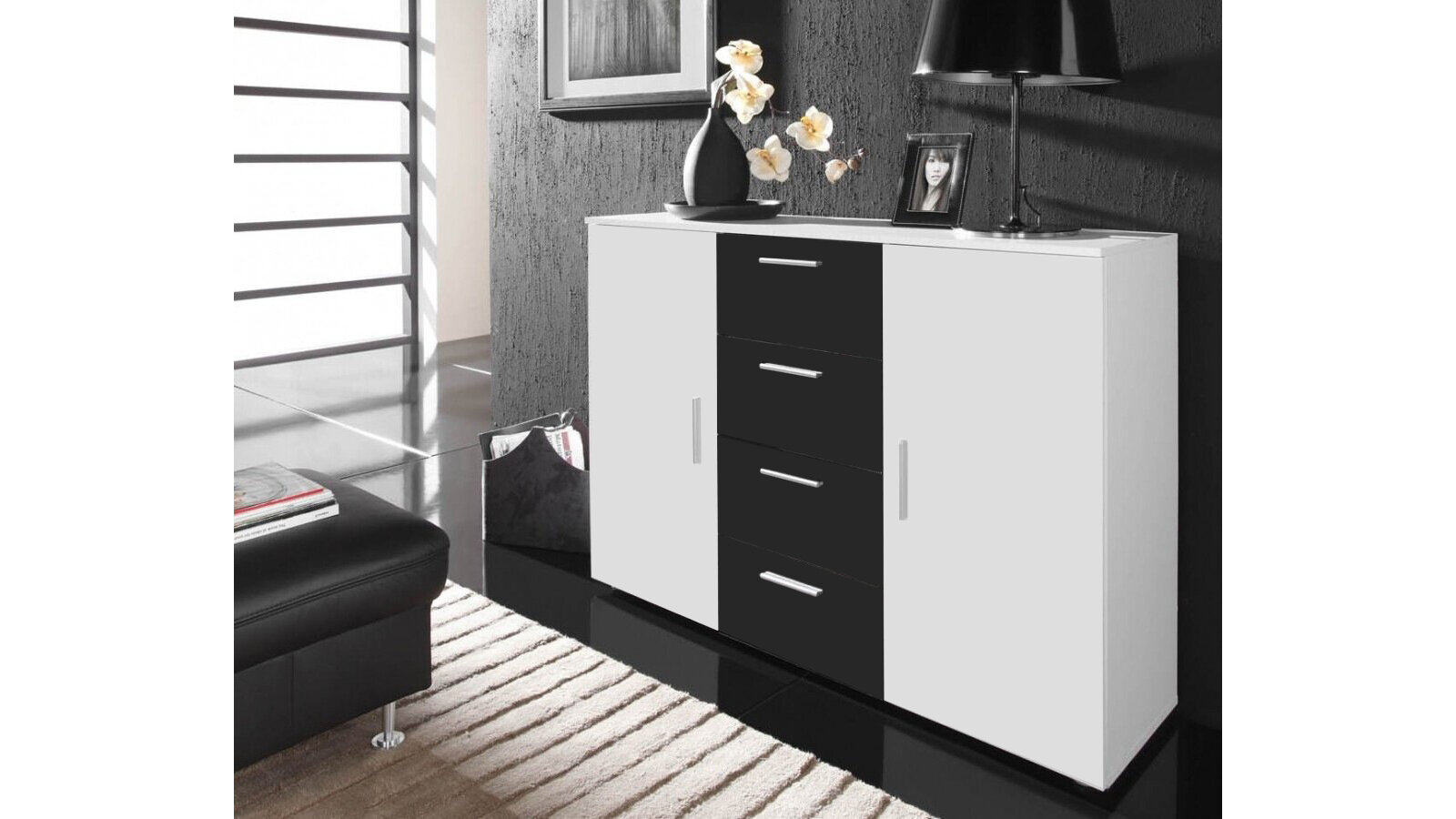 Комод Юни Белый 101/ Черный 190 NEW 132x38x92 см, белый, черный Фиеста