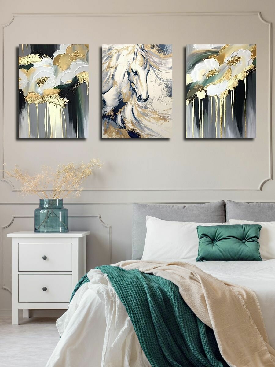 Картины на холсте с подрамником LOFTime абстракция конь ЗОЛ 3 шт К-501-3040
