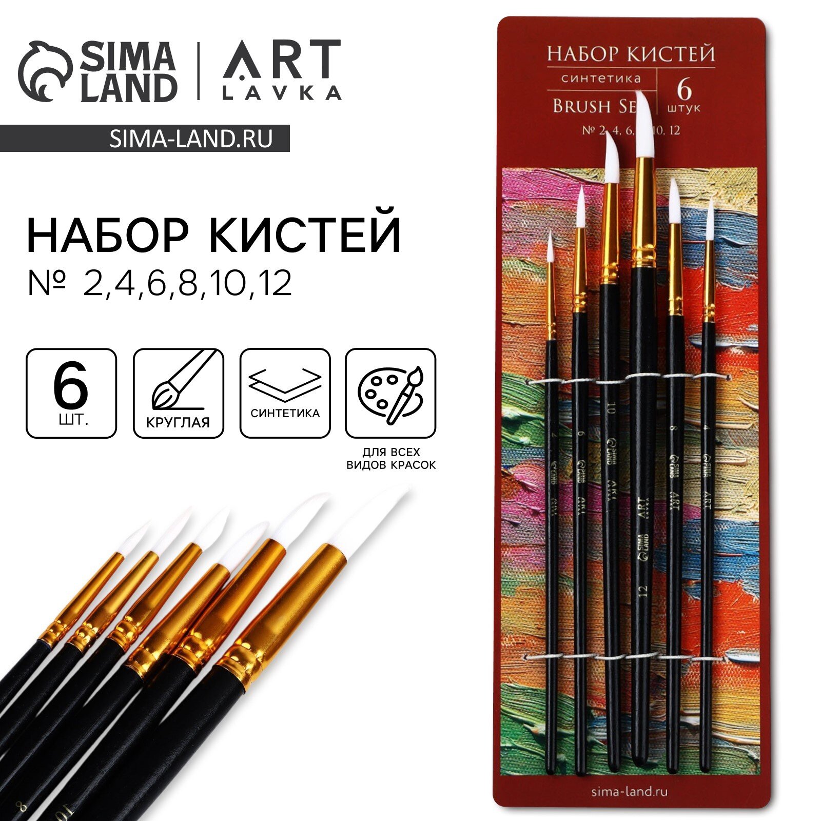 Кисть для рисования набор, синтетика круглые 6 штук «Текстура» № 2,4,6,8,10,12, 10303146