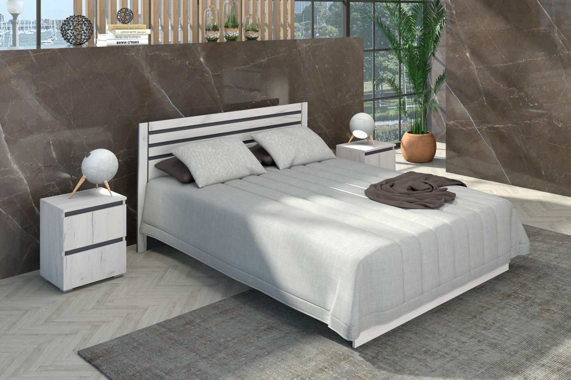Комплект мебели для спальни Лиана Кровать 1,4 + тумбы Дуб Крафт Белый/Графит