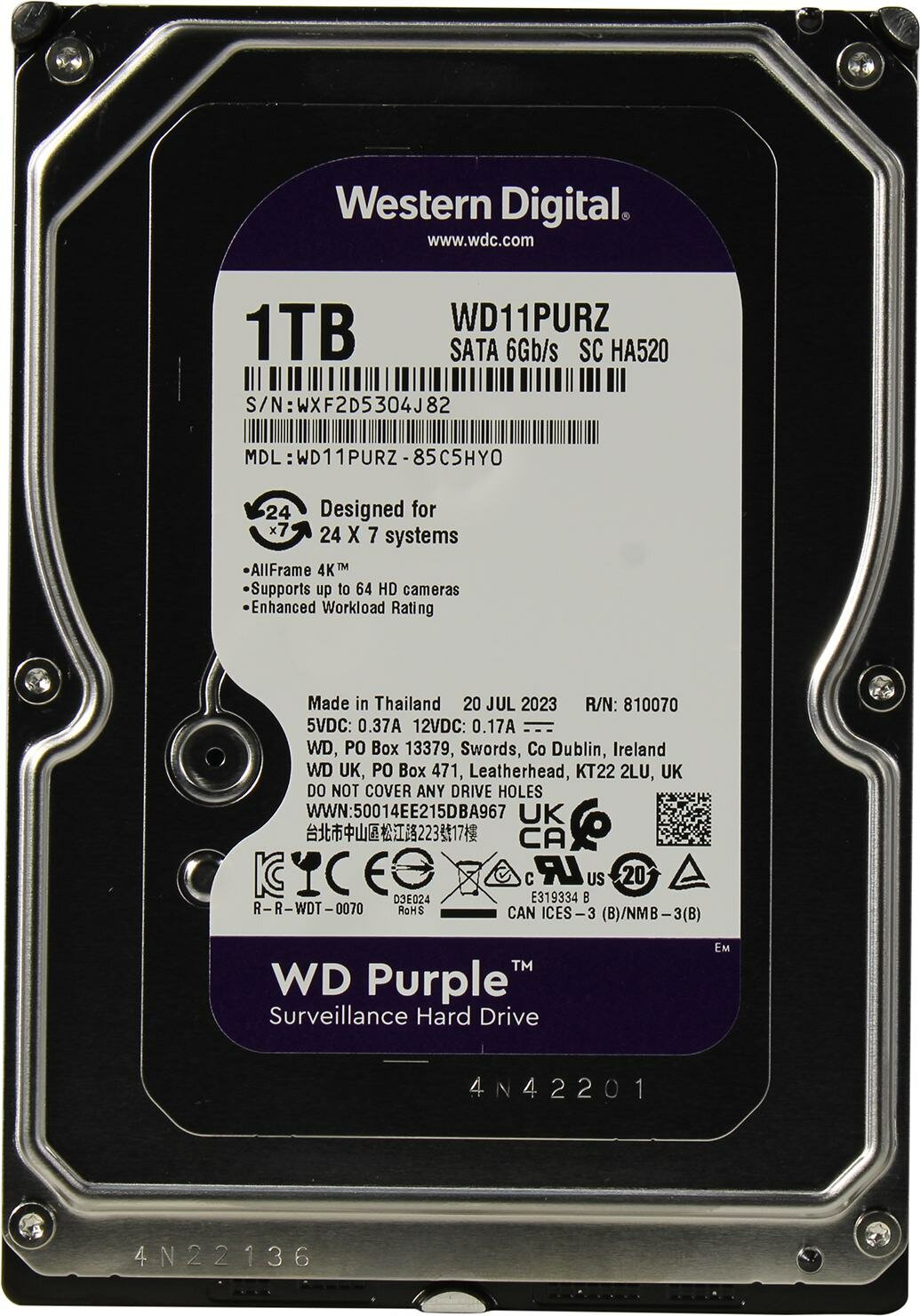 Western Digital Жесткий диск 1ТБ Western Digital Purple WD11PURZ, 5400об./мин, 64МБ (SATA III) (oem)