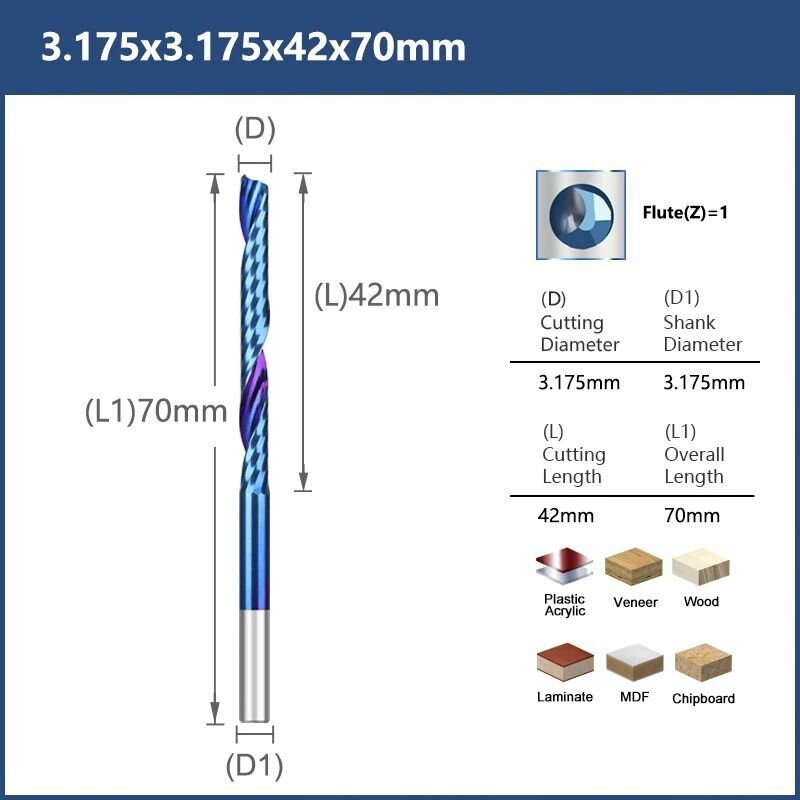 Фреза спиральная XCAN однозаходная 3,175x3,175x42x70 мм, с нано-синим покрытием